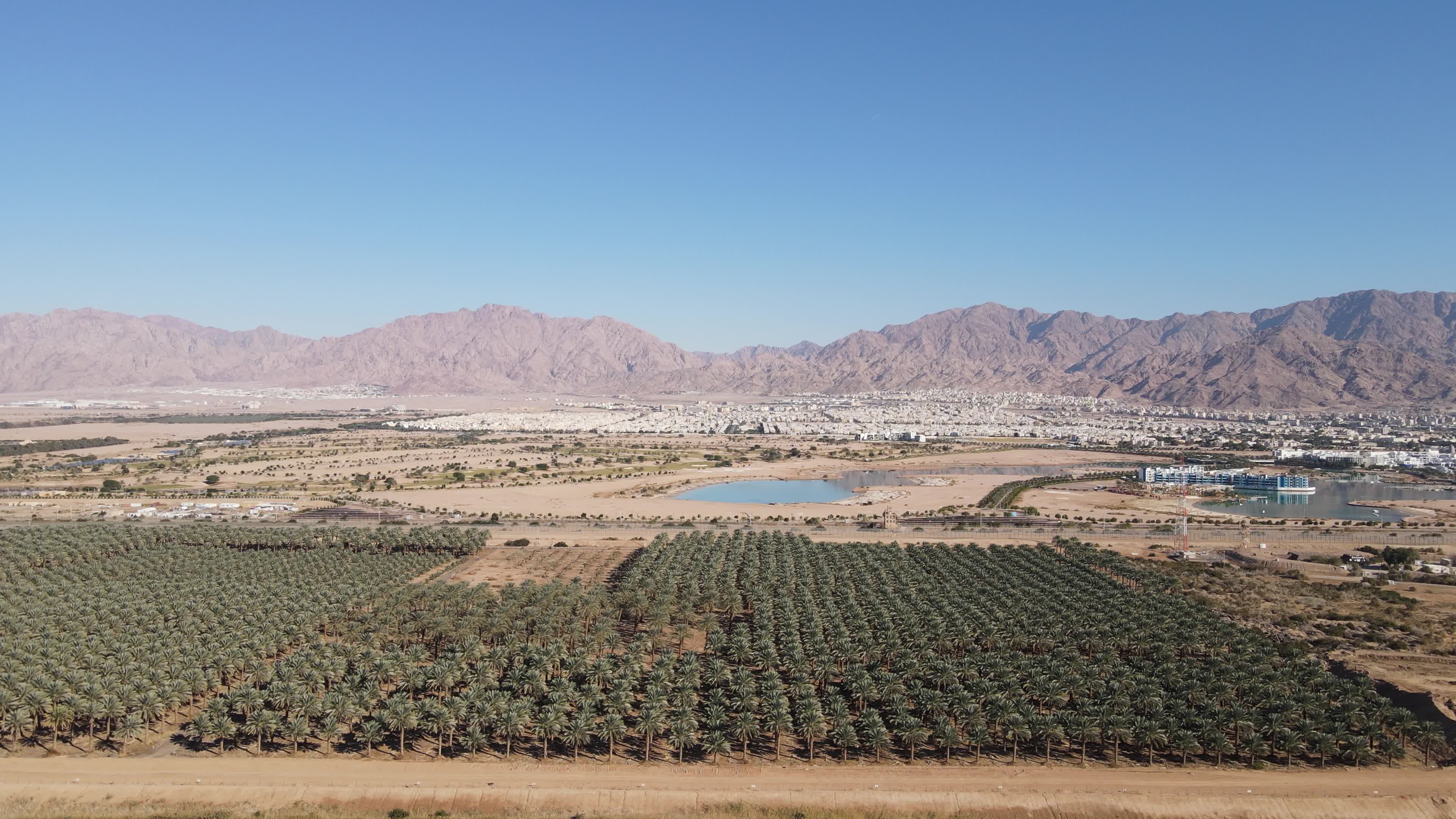 Aerial View of Desert Oasis and Mountains in Jordan Free Stock Video ...