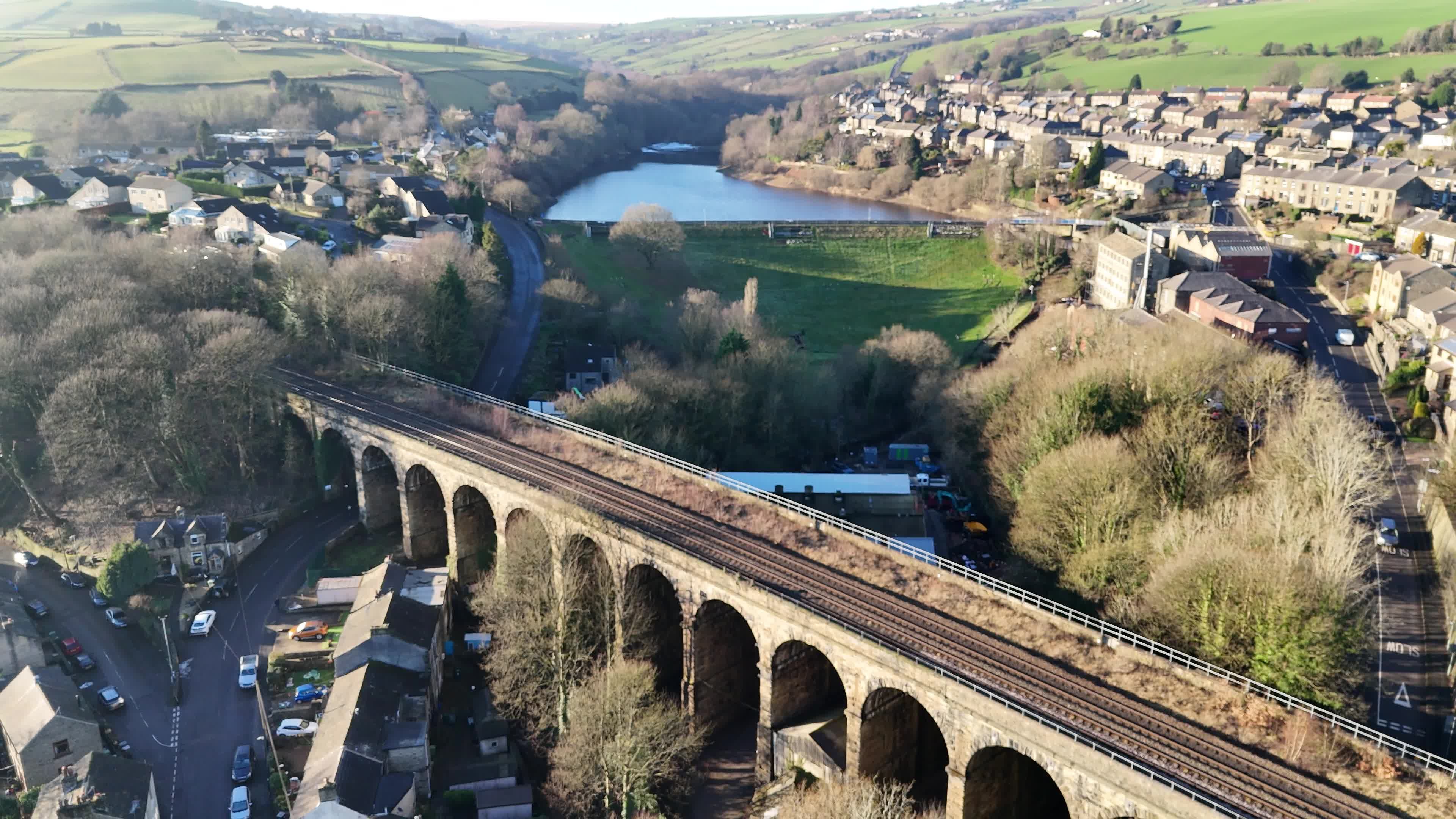 Scenic Aerial View of Countryside Viaduct and Lake Free Stock Video ...