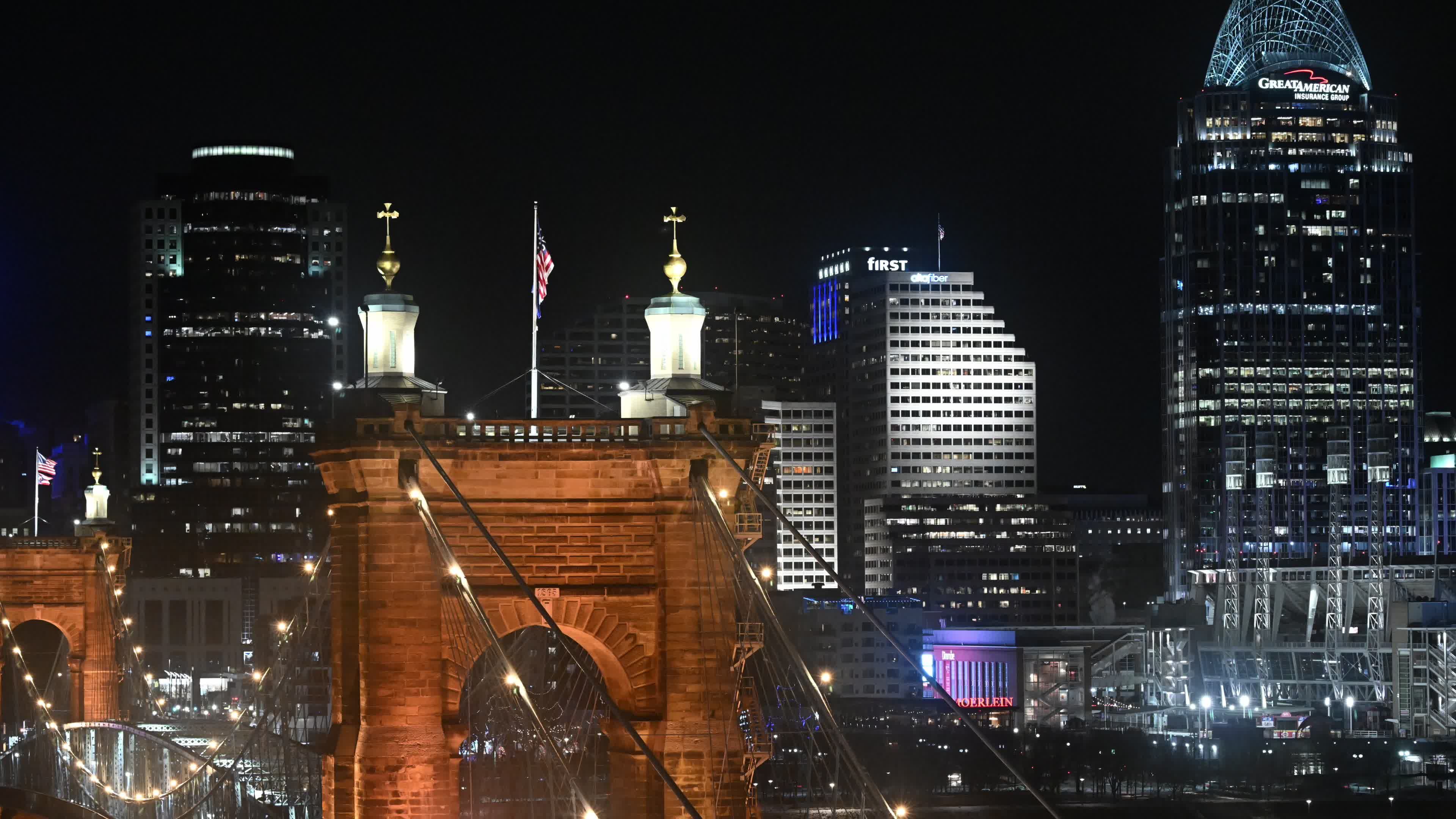 Cincinnati Cityscape at Night with Roebling Bridge Free Stock Video ...