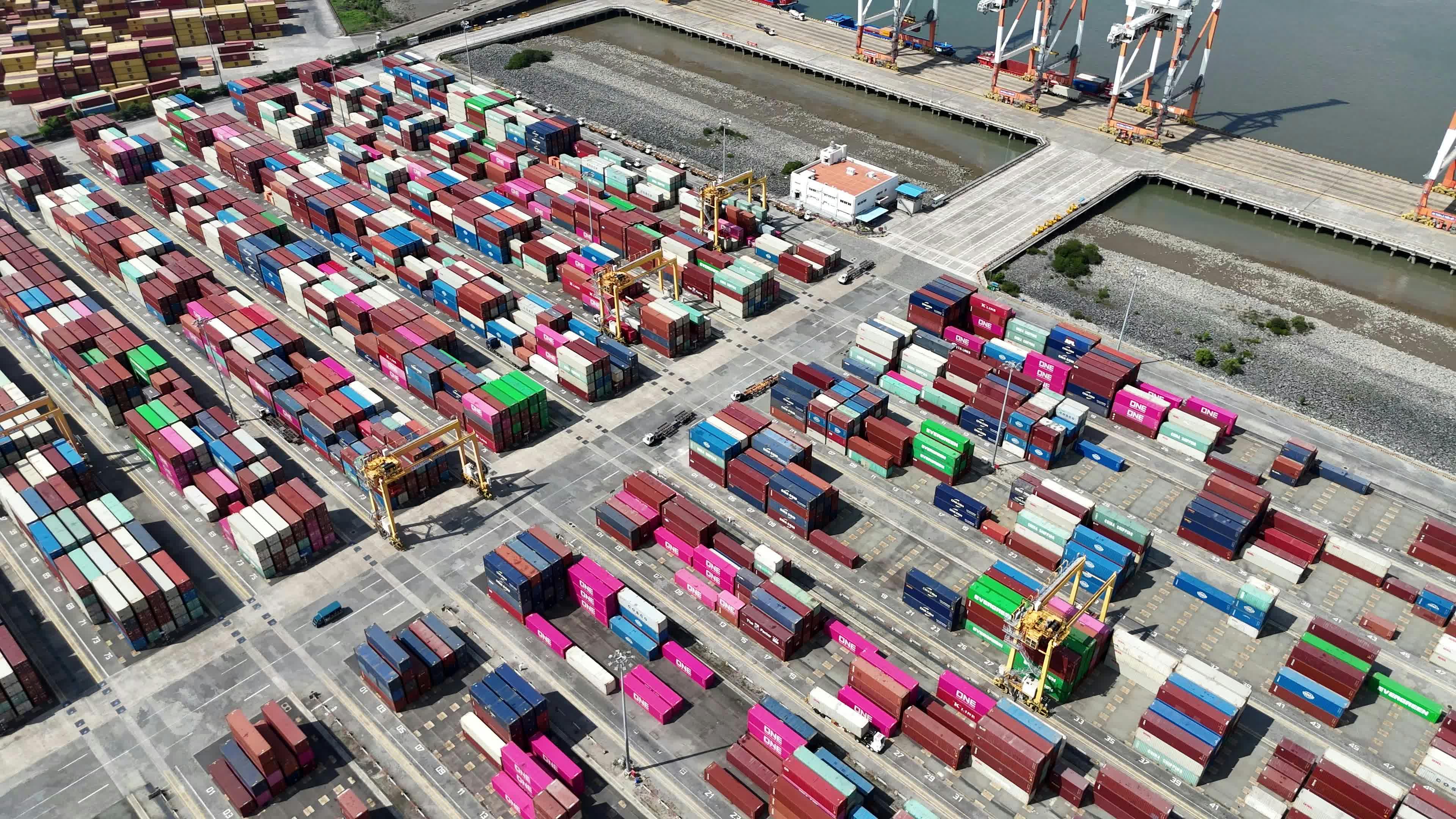 Aerial View of Busy Container Port Yard Free Stock Video Footage ...