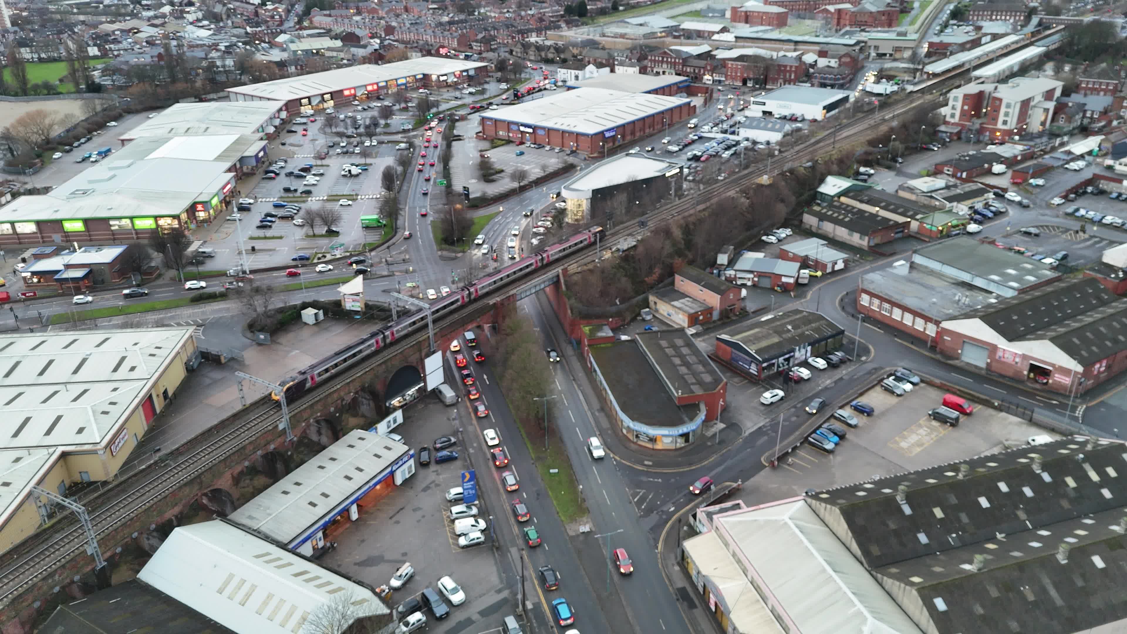 Aerial View of Busy Urban Intersection and Railway Free Stock Video ...