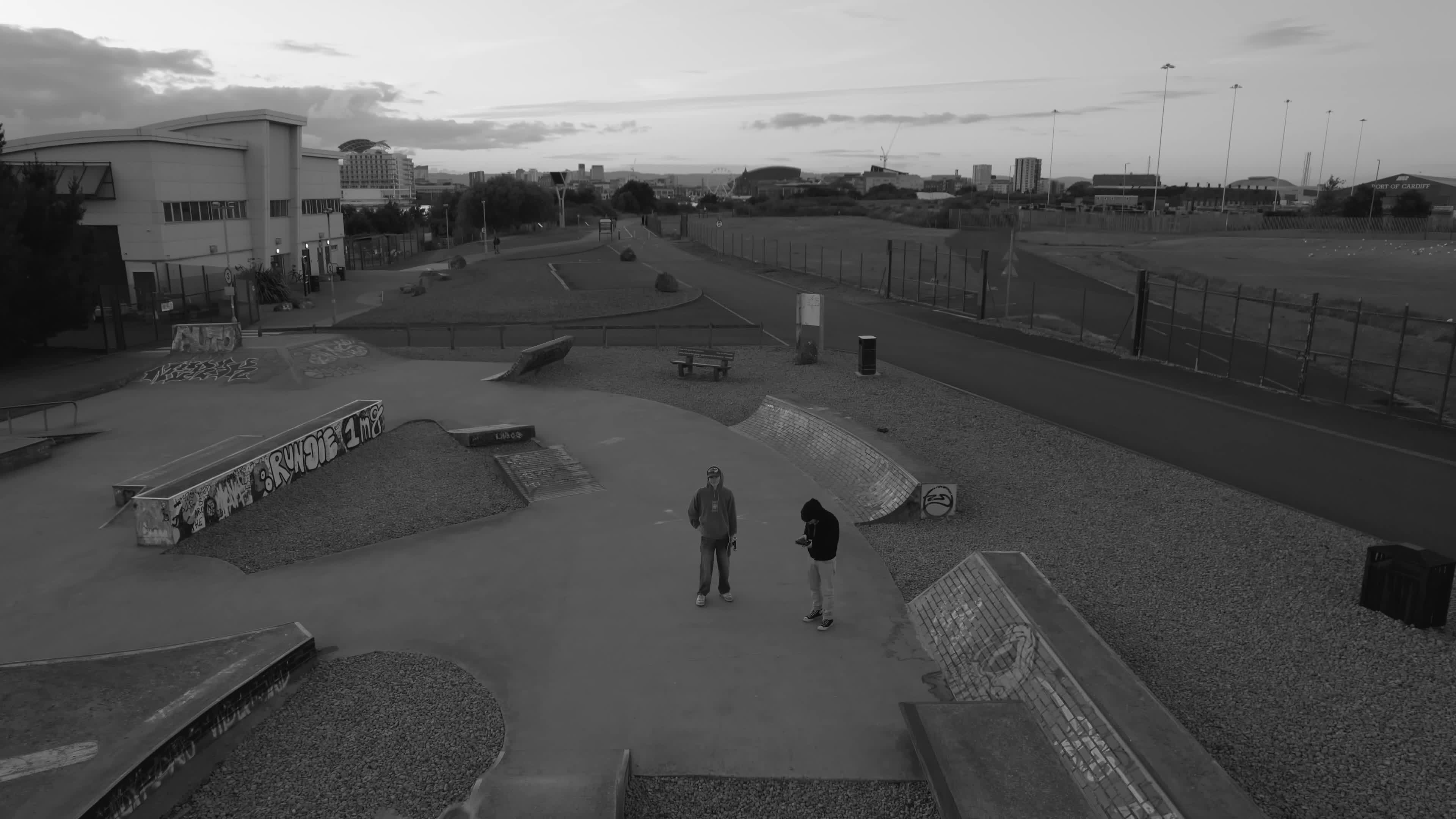 Aerial View of Urban Skatepark at Dusk Free Stock Video Footage ...