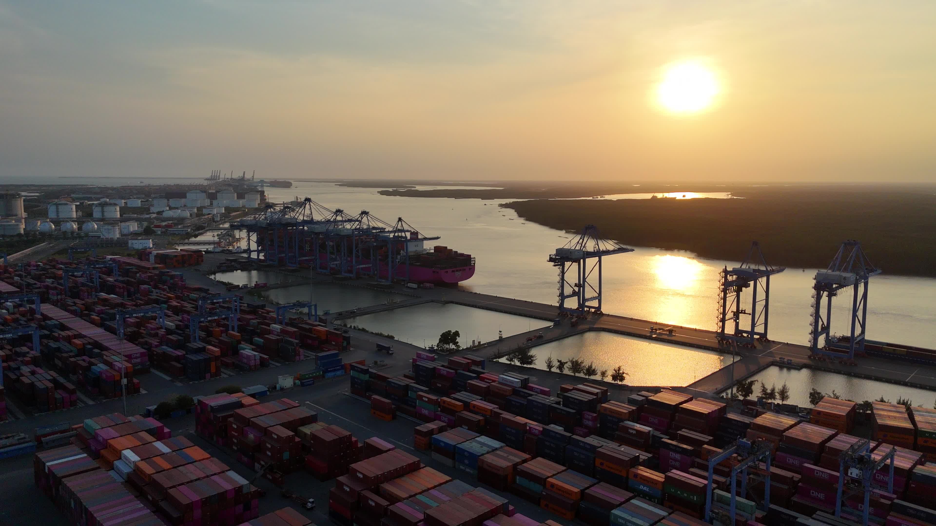 Aerial View of Cai Mep Port at Sunset Free Stock Video Footage, Royalty ...