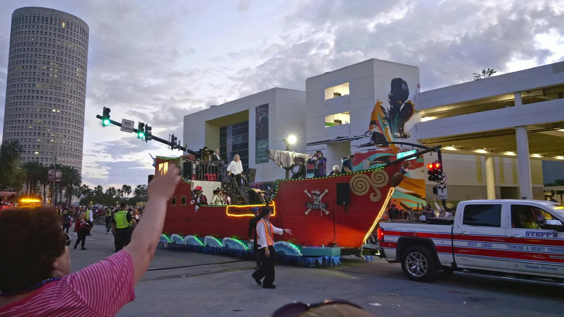 Festive Parade with Pirate Ship Float in City Free Stock Video Footage ...