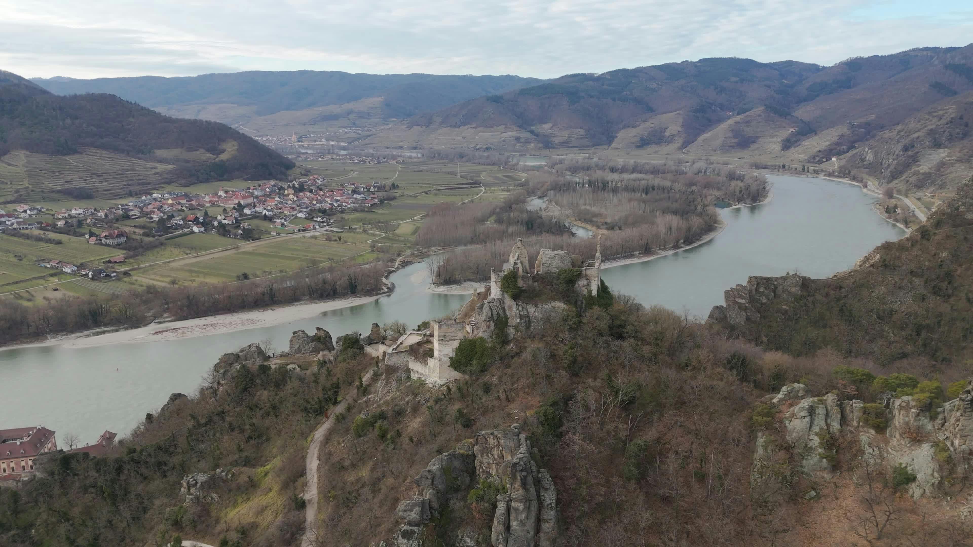 Aerial View of Scenic Riverside Castle Ruins Free Stock Video Footage ...