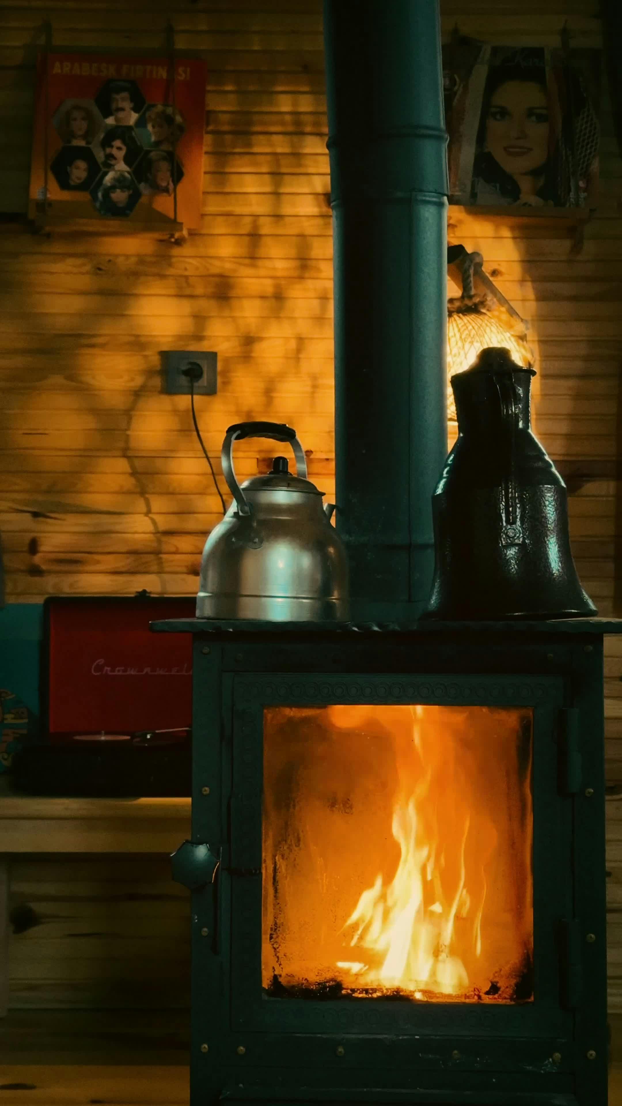 Cozy Cabin Wood Stove with Kettle in Evening Light Free Stock Video ...