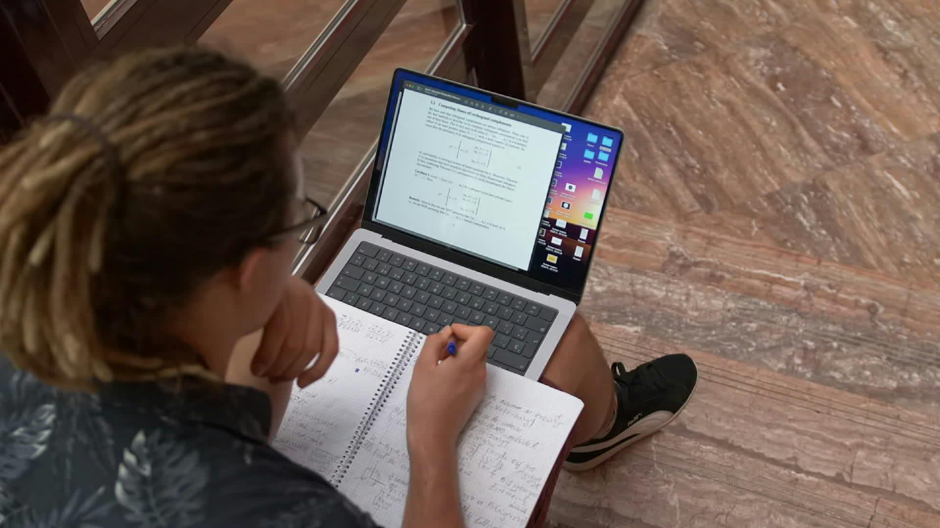 Student Studying on Laptop and Notebook Indoors Free Stock Video ...