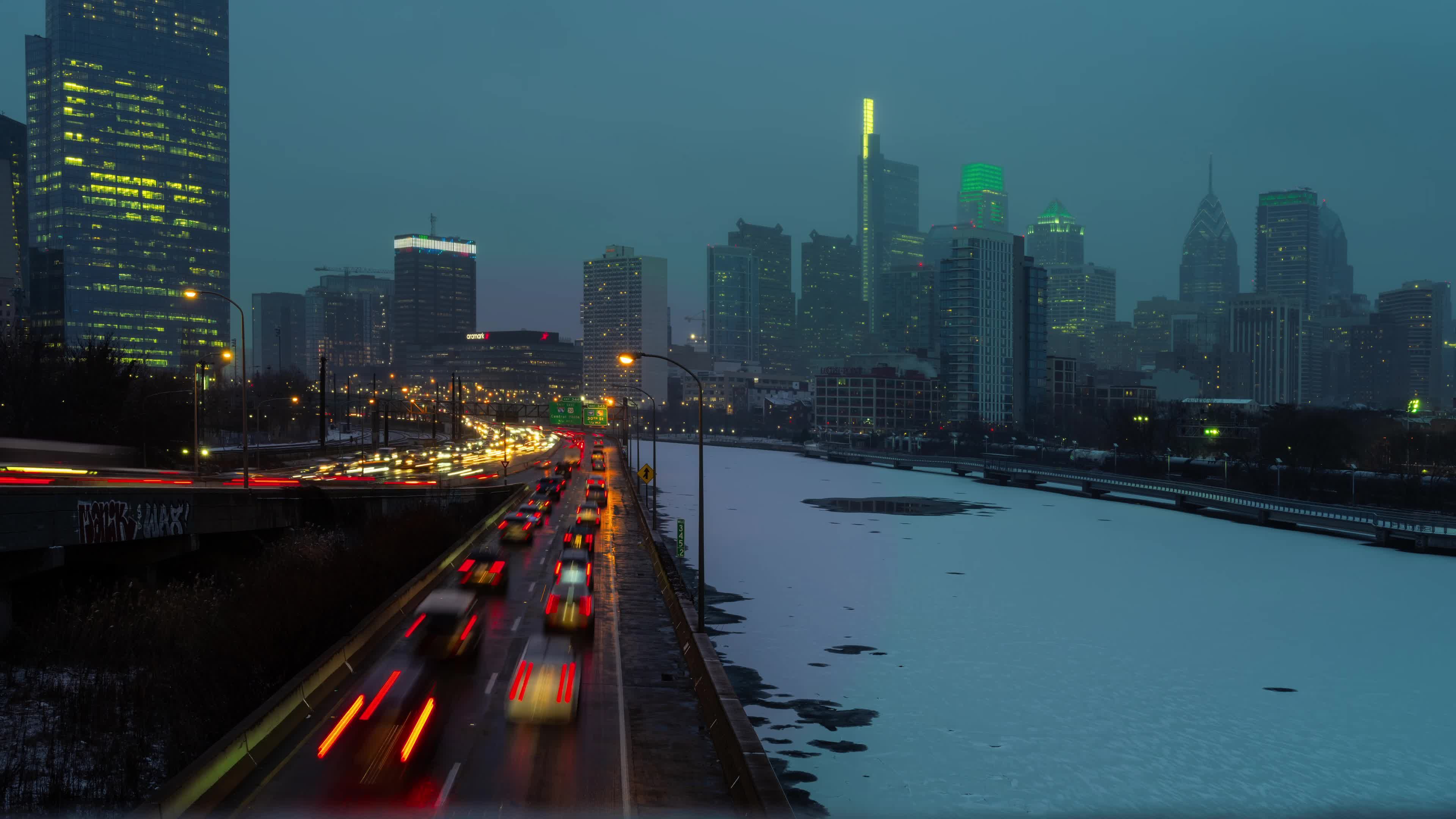 Philadelphia Skyline with Traffic at Dusk Free Stock Video Footage ...