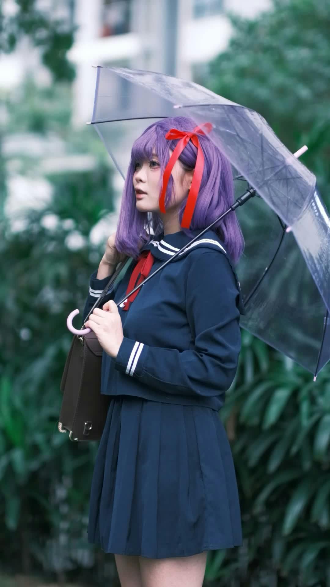 Cosplay Girl with Umbrella in Rainy Garden Free Stock Video Footage ...