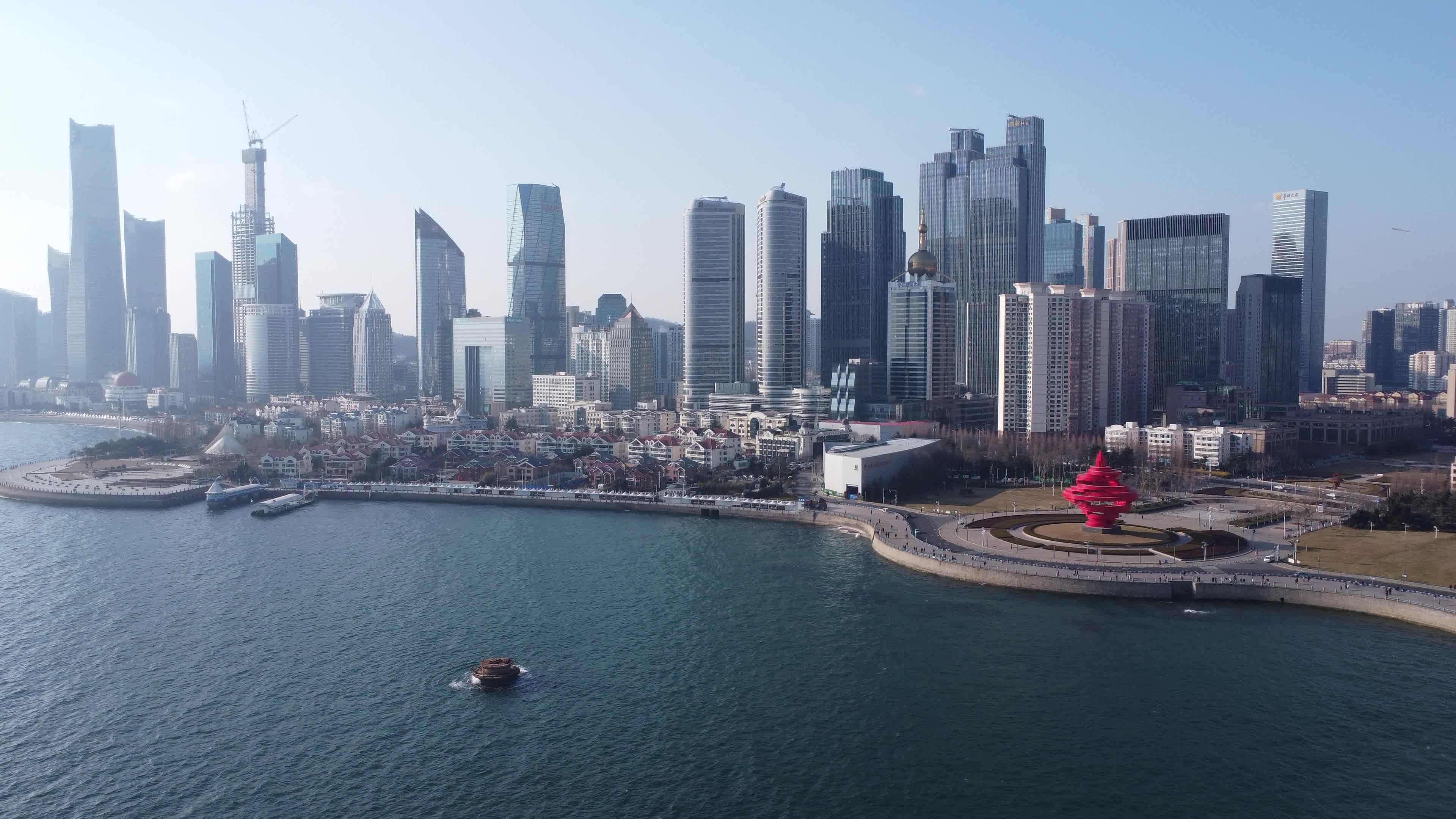 Aerial View of Qingdao Skyline and Coastline Free Stock Video Footage ...