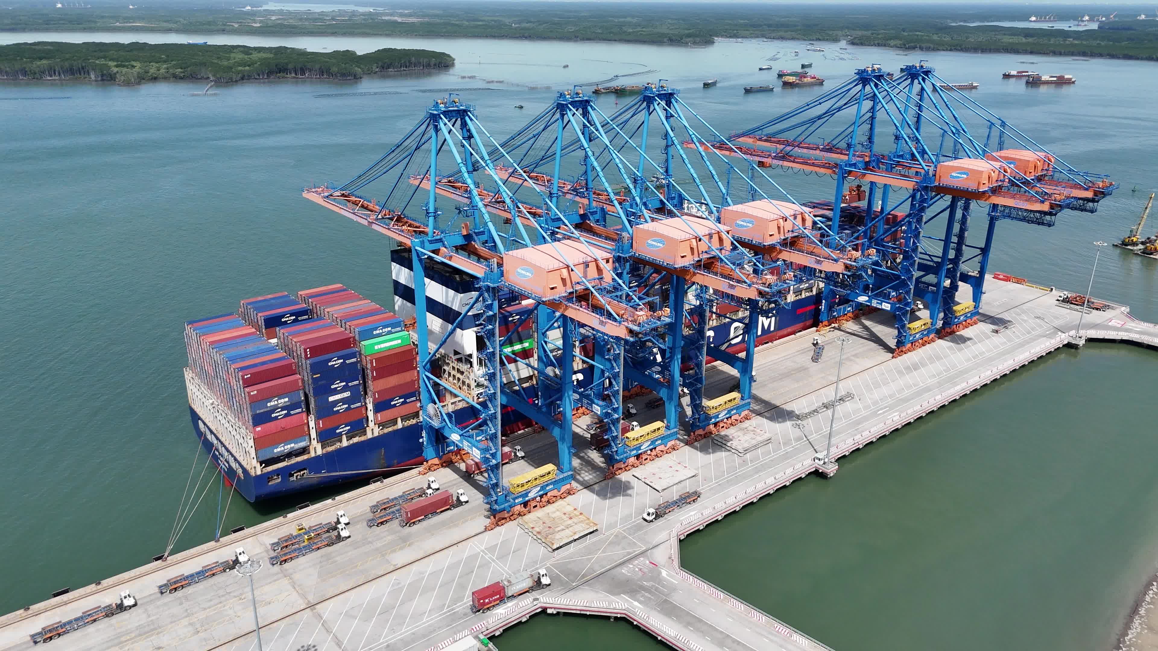 Aerial View of Busy Container Port Operation Free Stock Video Footage ...