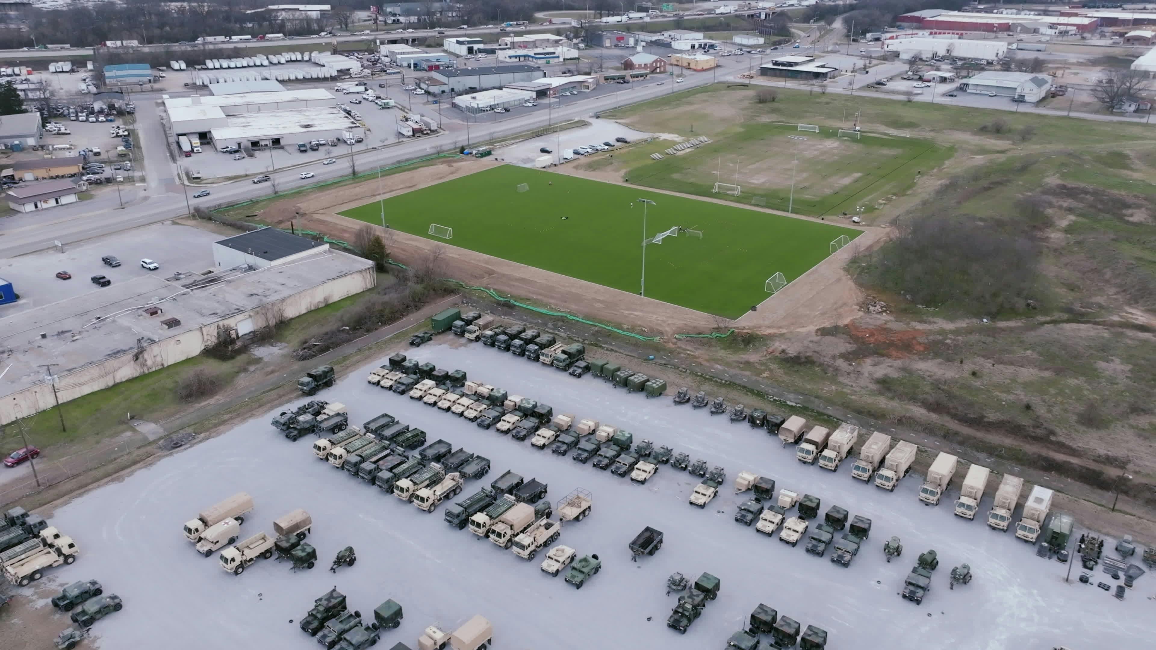 Aerial View of Military Vehicles and Sports Field Free Stock Video ...
