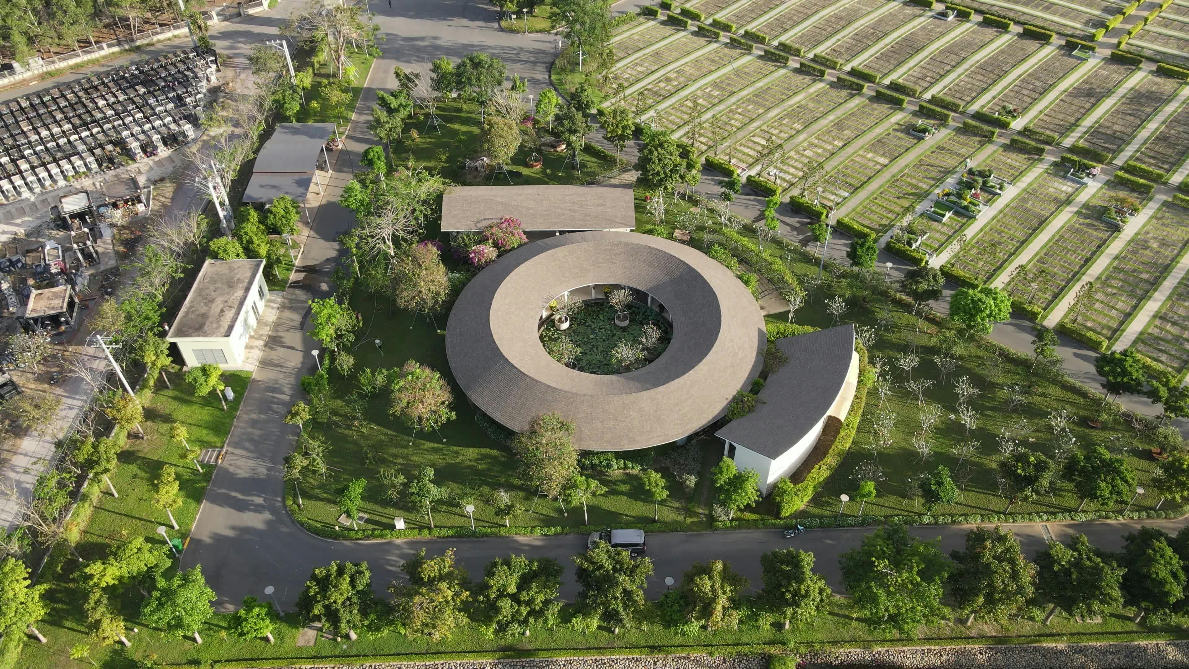 Aerial View of Modern Circular Cemetery Design Free Stock Video Footage ...