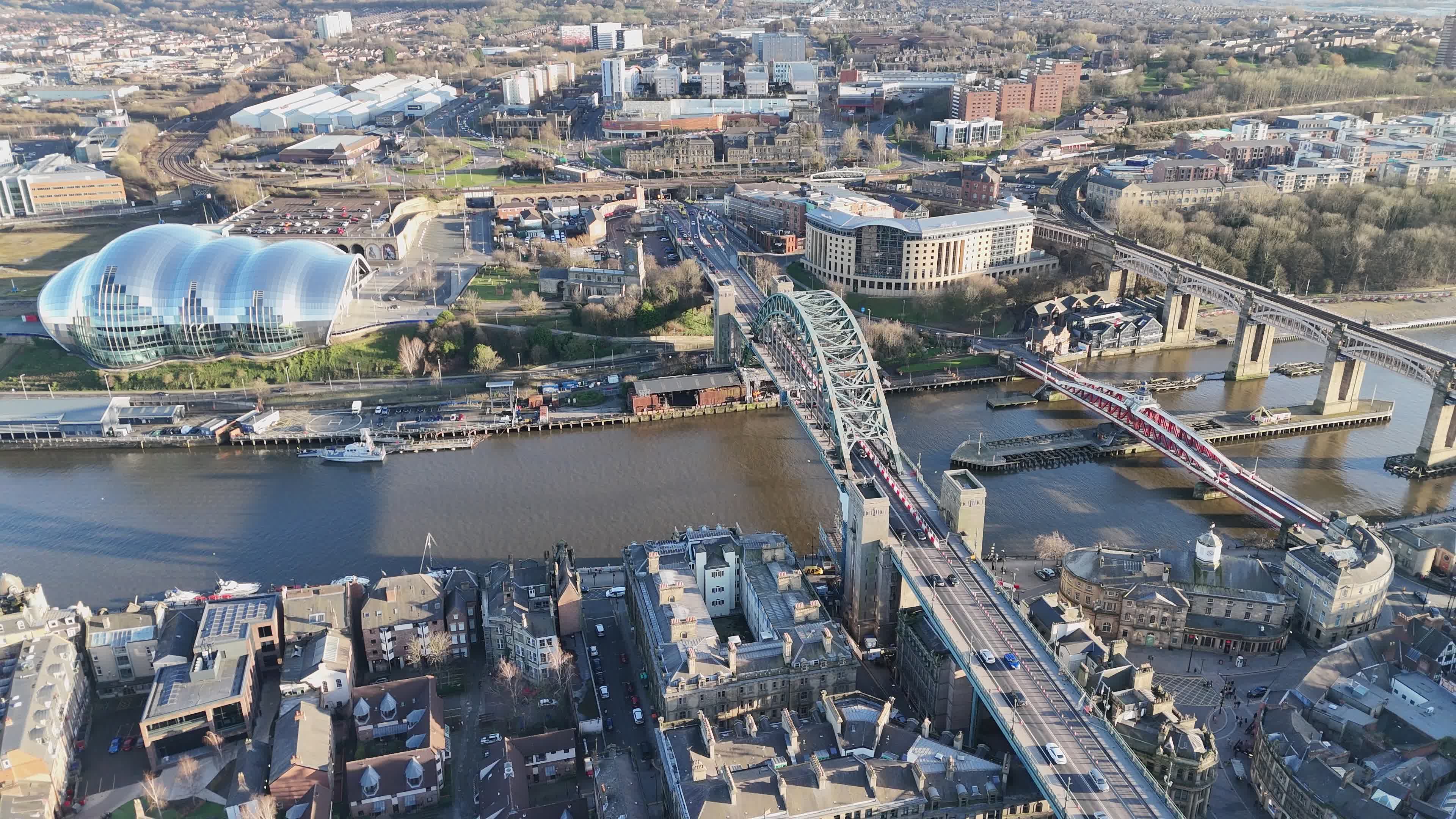 Aerial View of Newcastle Cityscape and Bridges Free Stock Video Footage ...