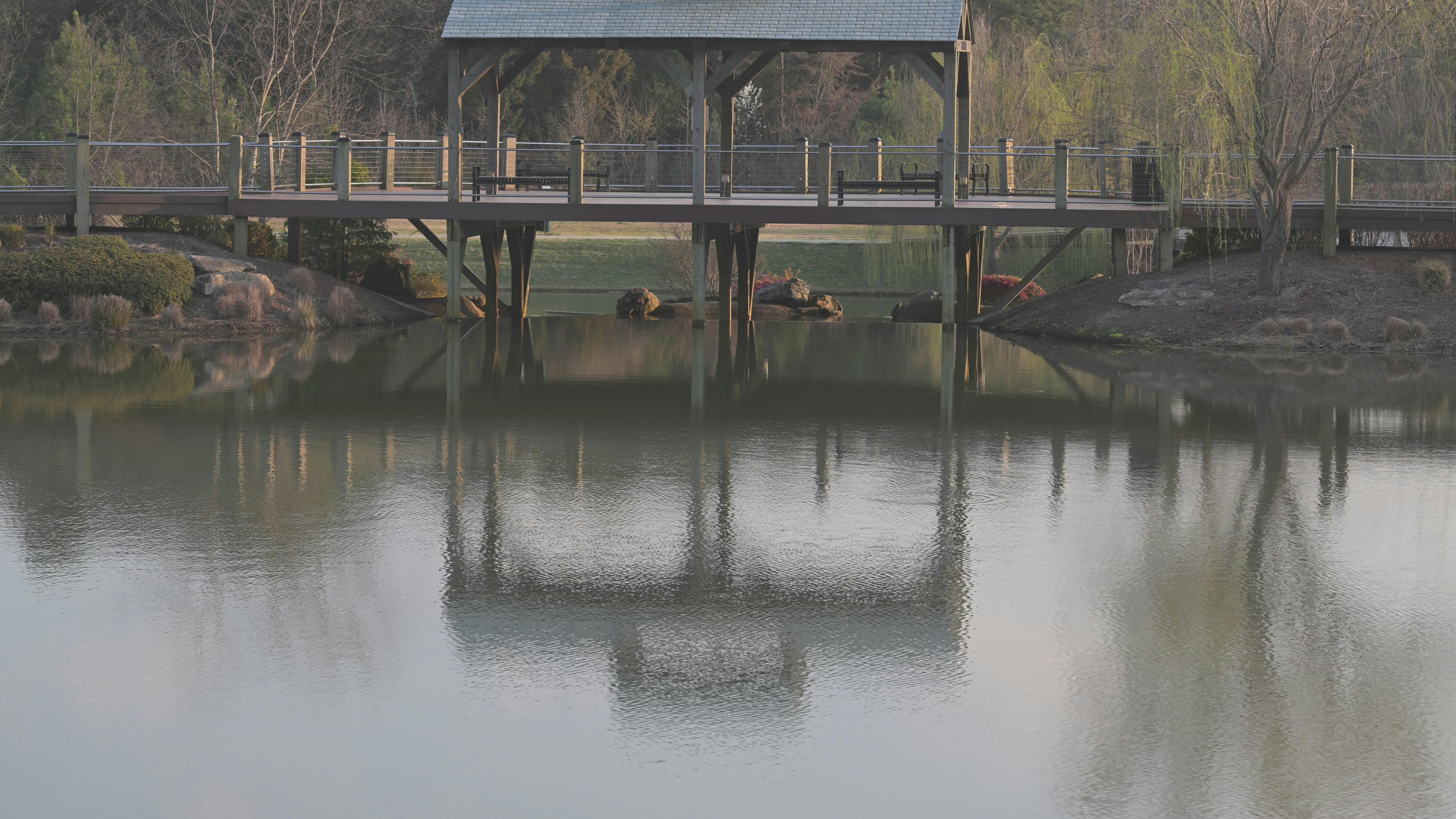 Serene Bridge Reflection on Calm Pond Free Stock Video Footage, Royalty-Free 4K & HD Video Clip