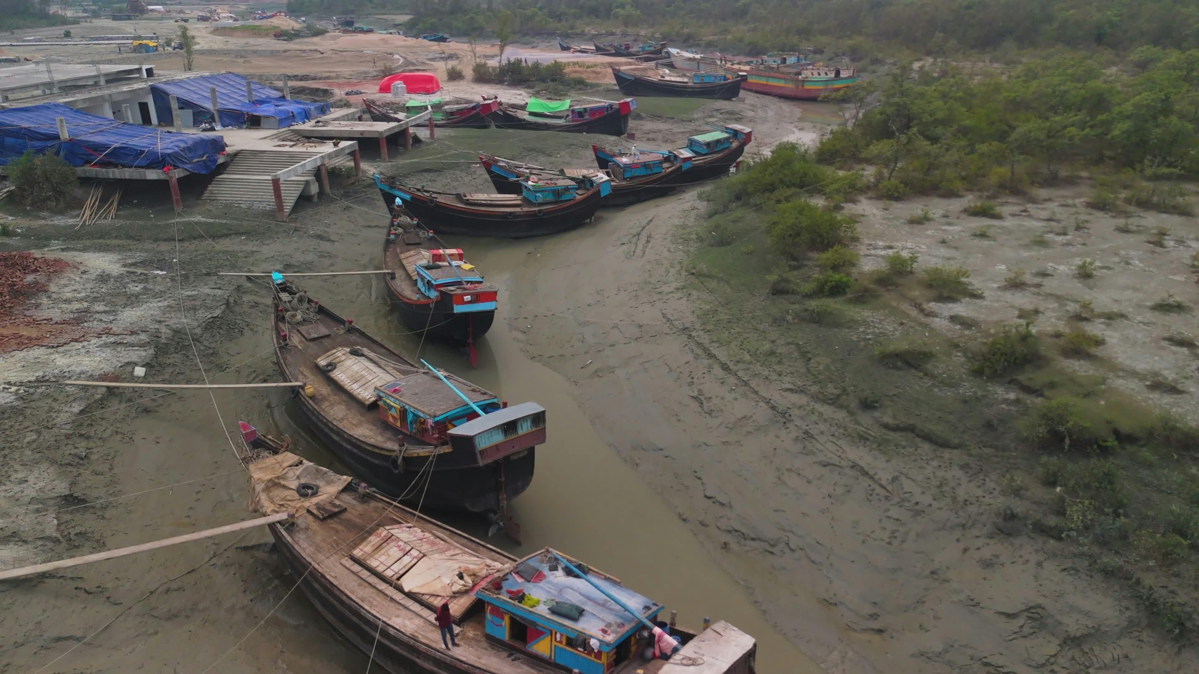 Aerial View of Boats in Bangladesh Creek Free Stock Video Footage, Royalty-Free 4K & HD Video Clip