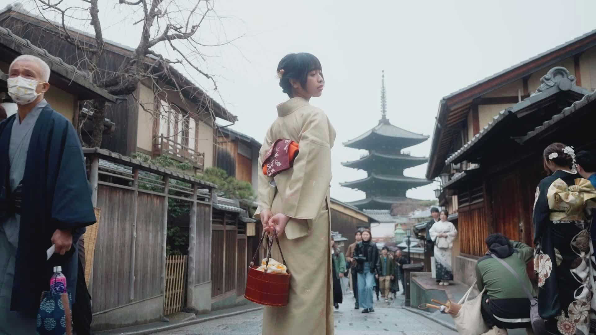 Traditional Kyoto Street Scene with Kimono-Clad People Free Stock Video ...