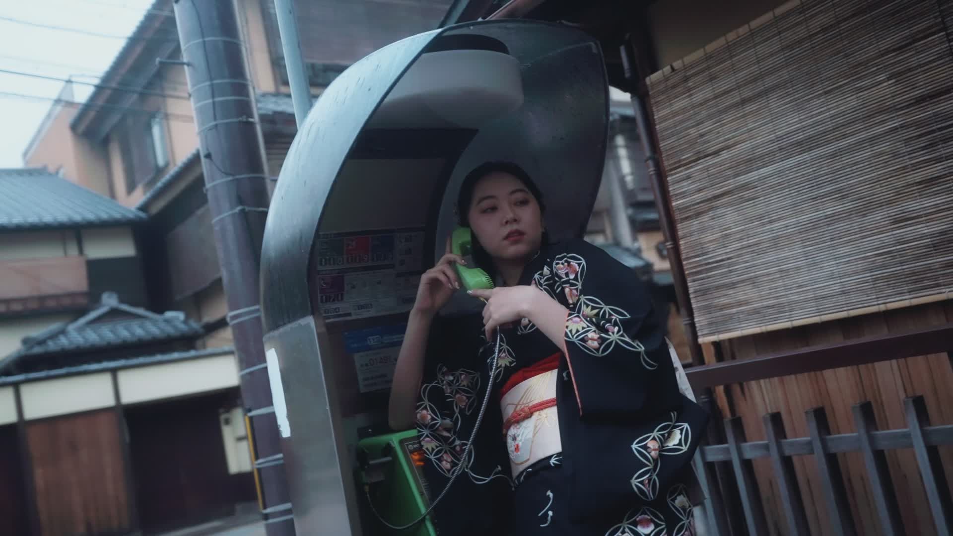 Traditional Kimono-Clad Woman Using Payphone in Japan Free Stock Video ...