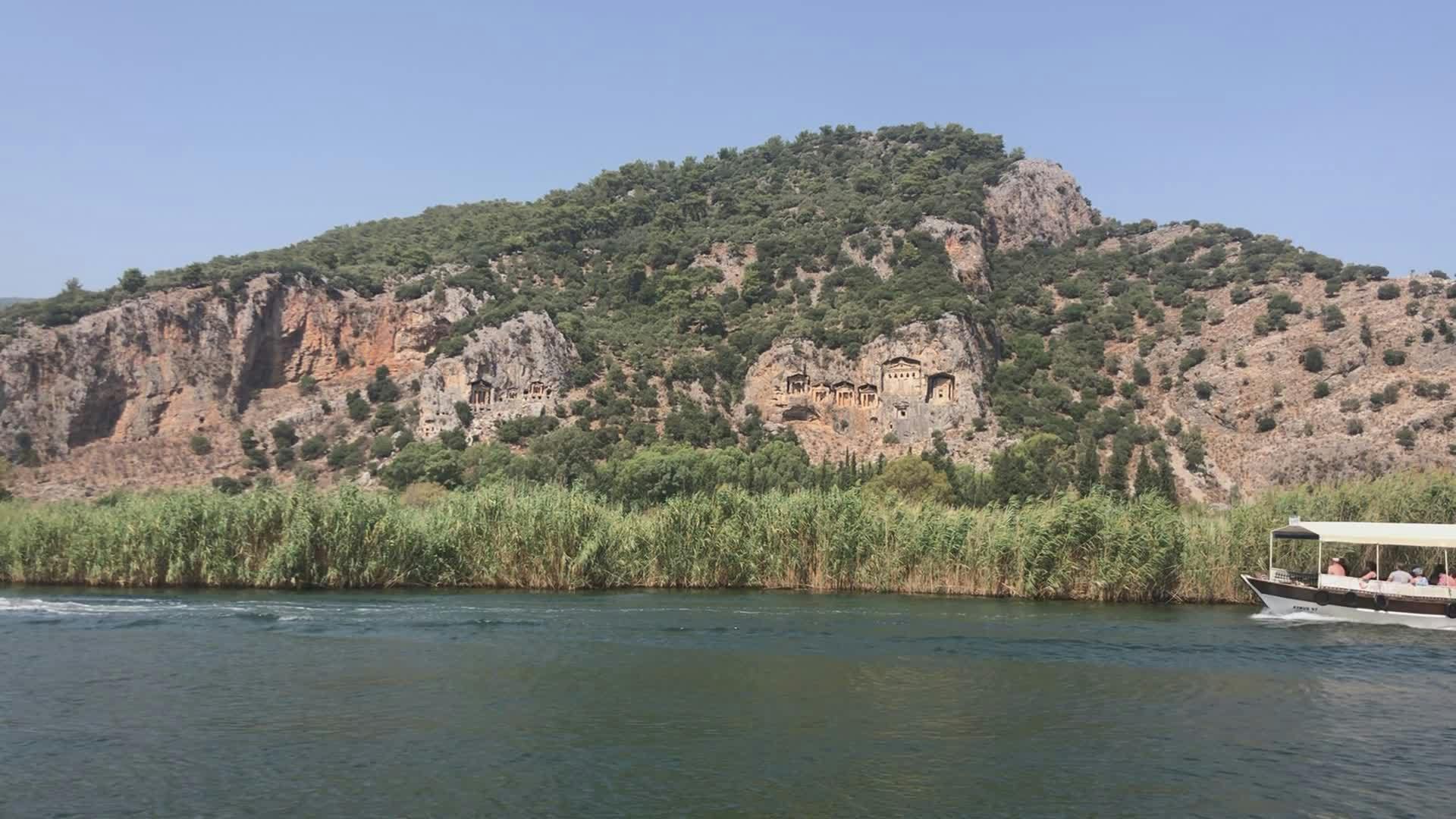 Scenic Boat Ride by Rock Tombs in Dalyan River Free Stock Video Footage ...