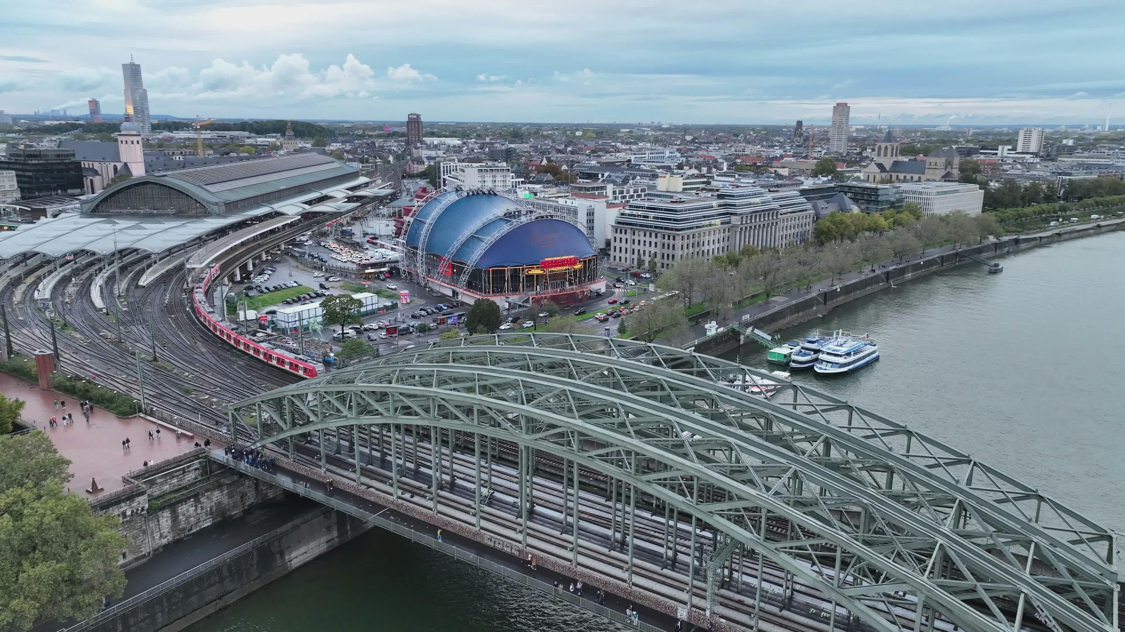 Scenic Aerial View of Cologne Skyline and Rhine River Free Stock Video ...
