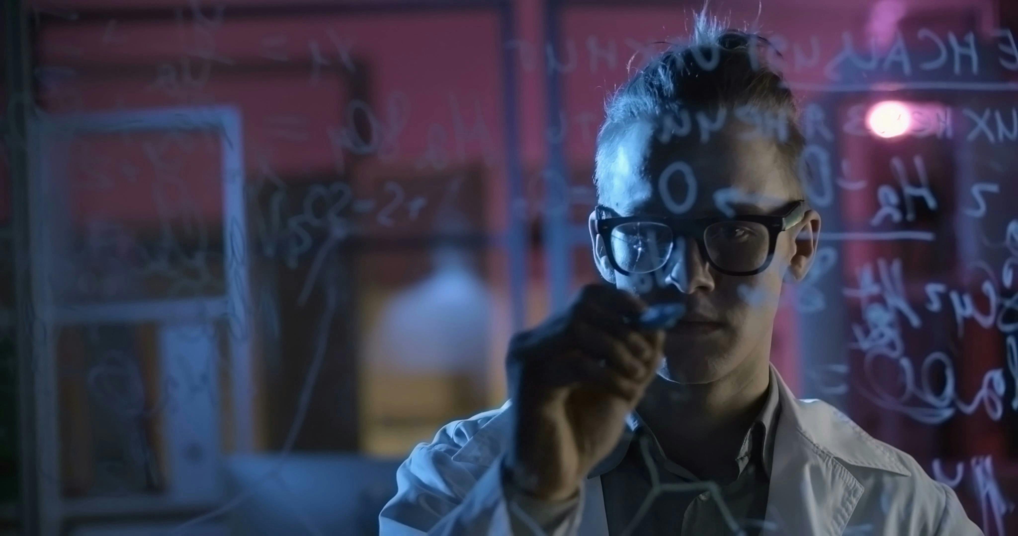 A Man Of Science Writing Scientific Formulas In Glass Board · Free ...