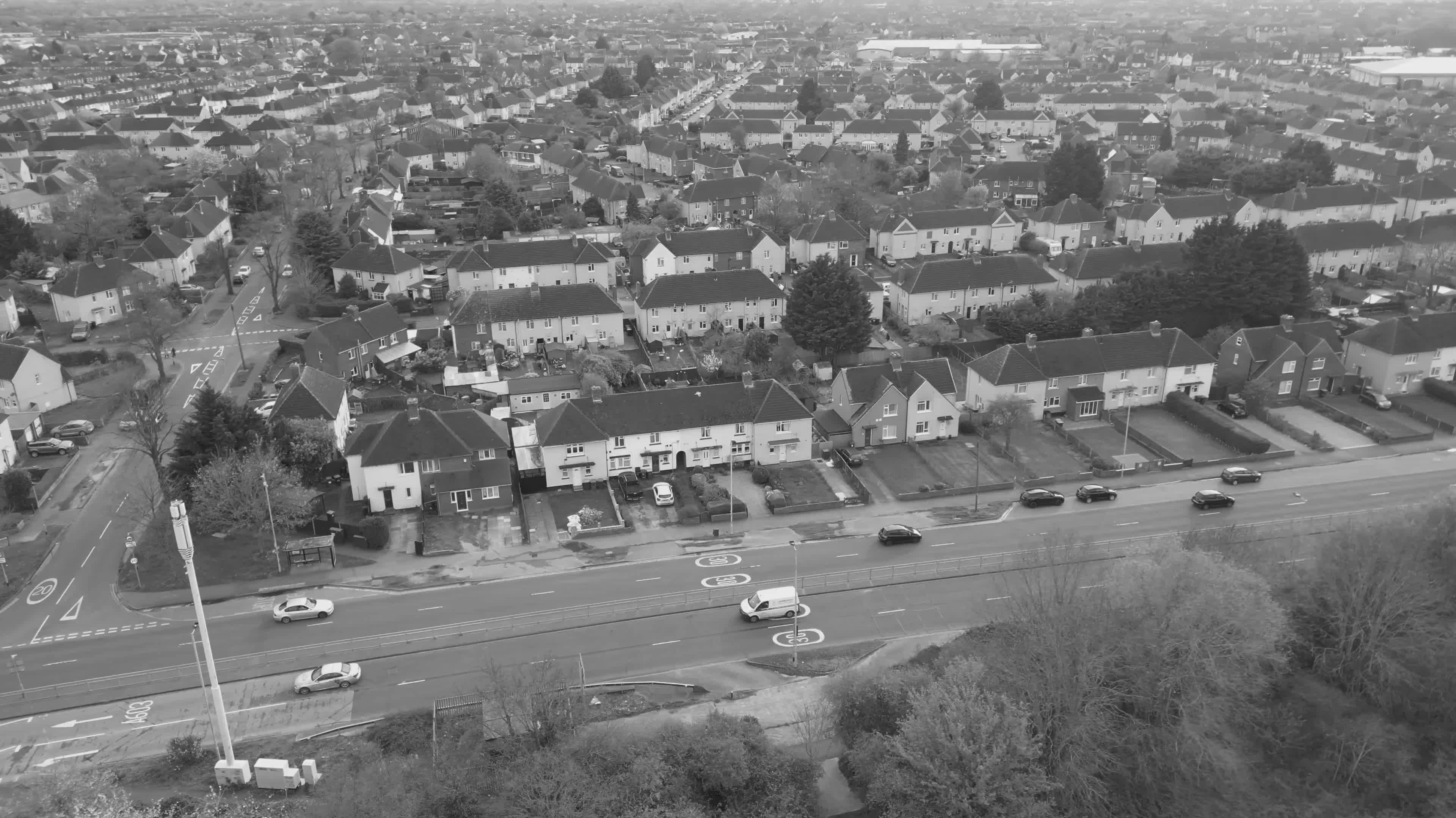 Aerial View of Suburban Cityscape in Black and White Free Stock Video ...