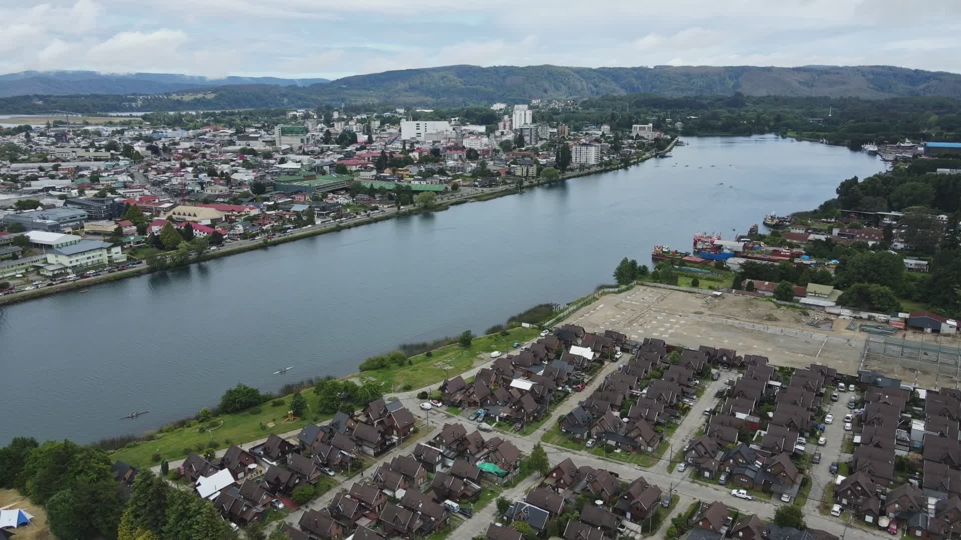 Scenic Aerial View of Valdivia with River and Bridge Free Stock Video ...