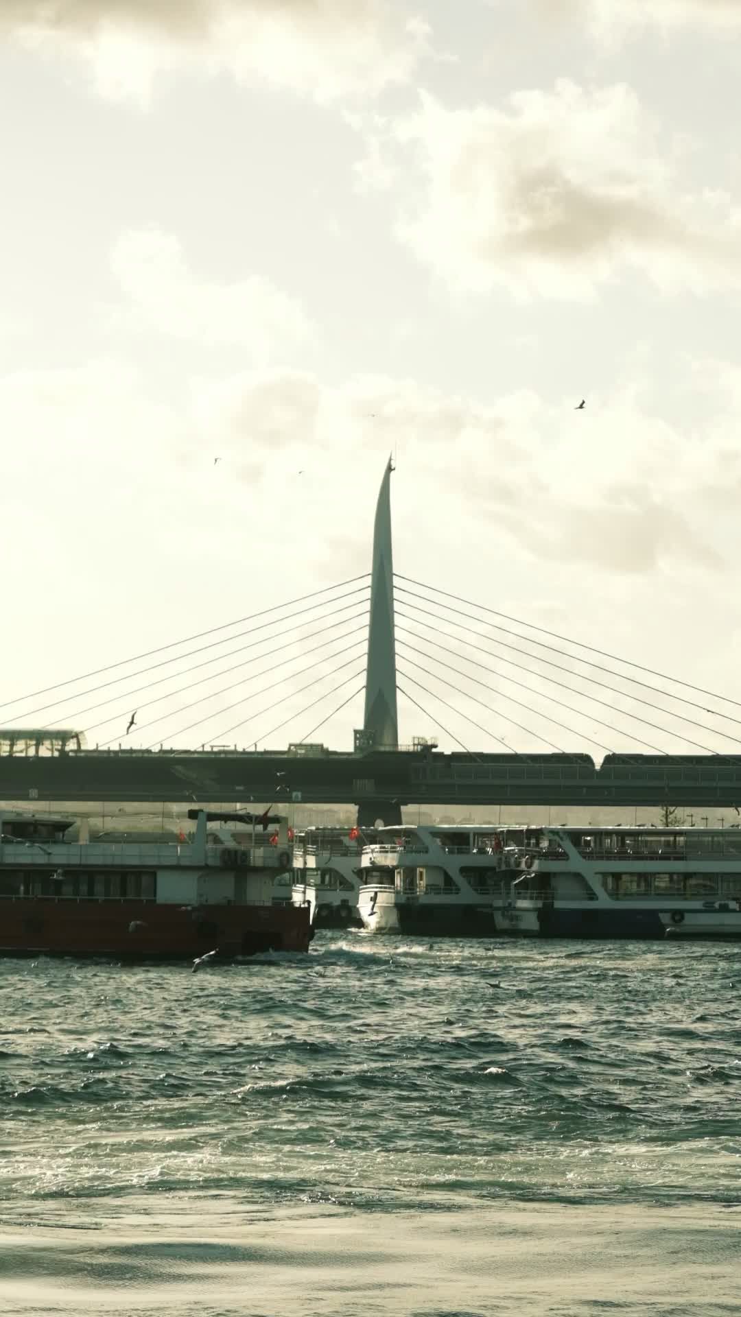 Boats Passing by Iconic Modern Bridge at Sunrise Free Stock Video ...