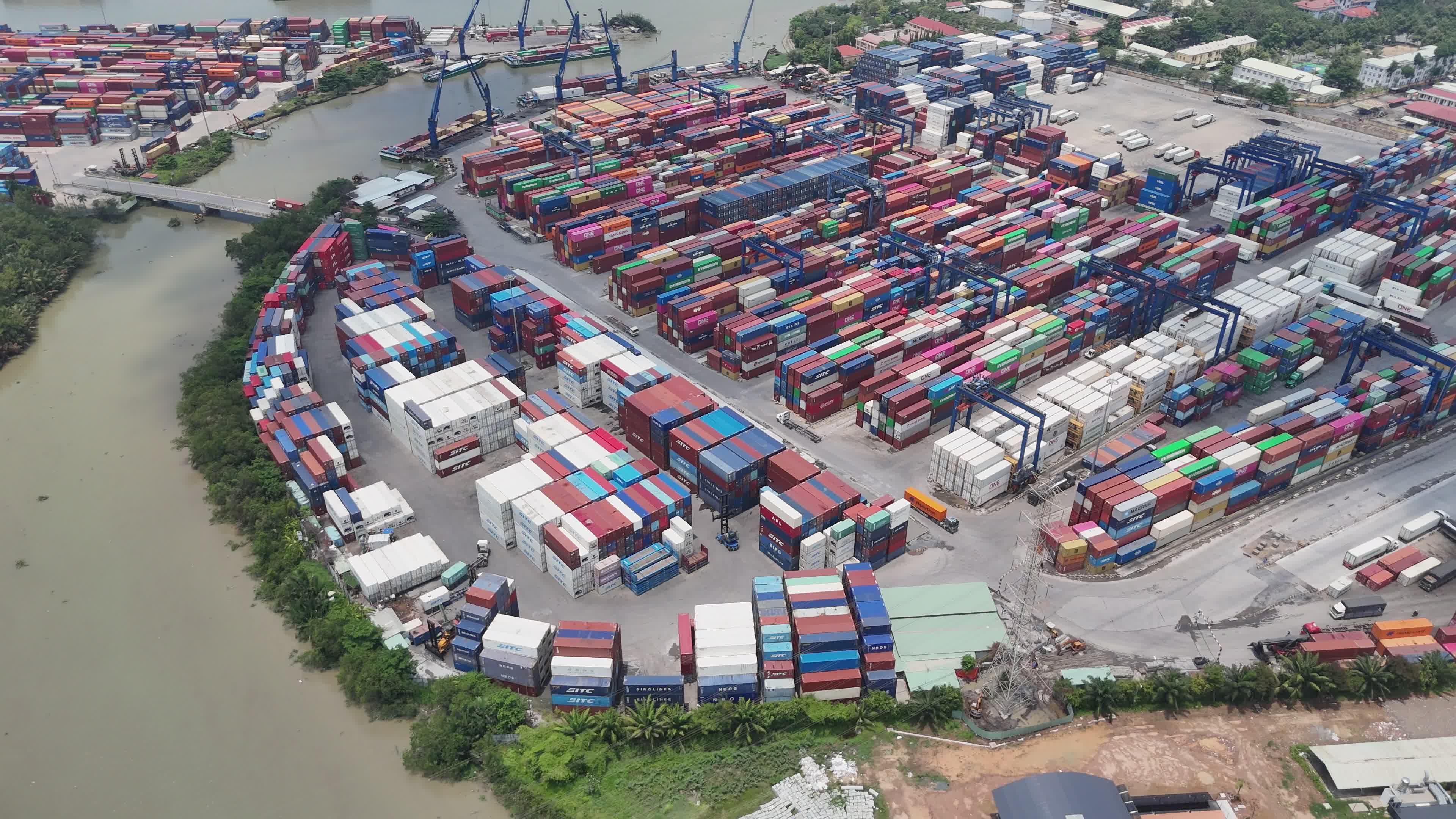 Aerial View of Vibrant Shipping Containers at Port Free Stock Video ...