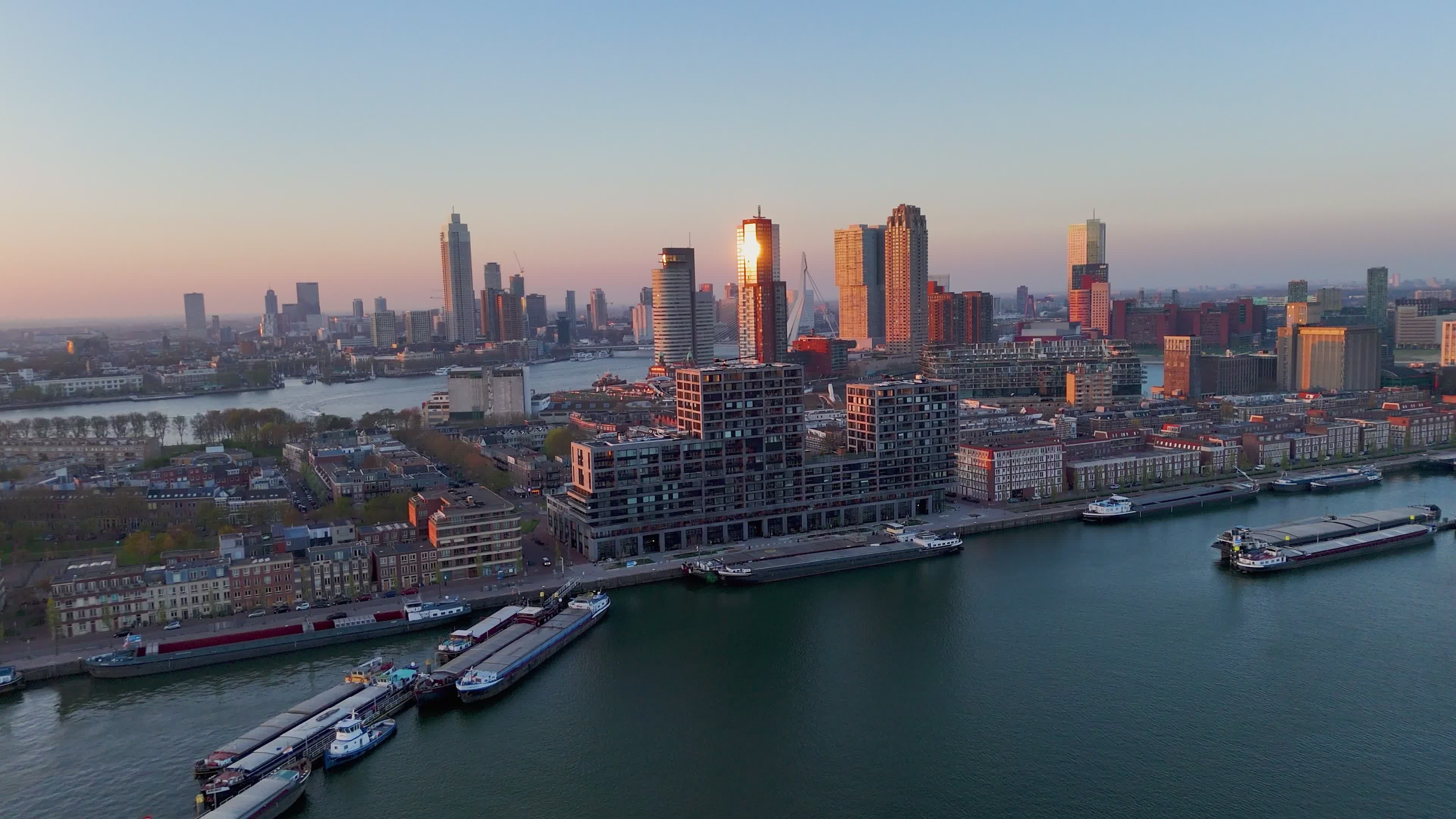 Aerial View of Rotterdam Skyline at Sunset Free Stock Video Footage ...