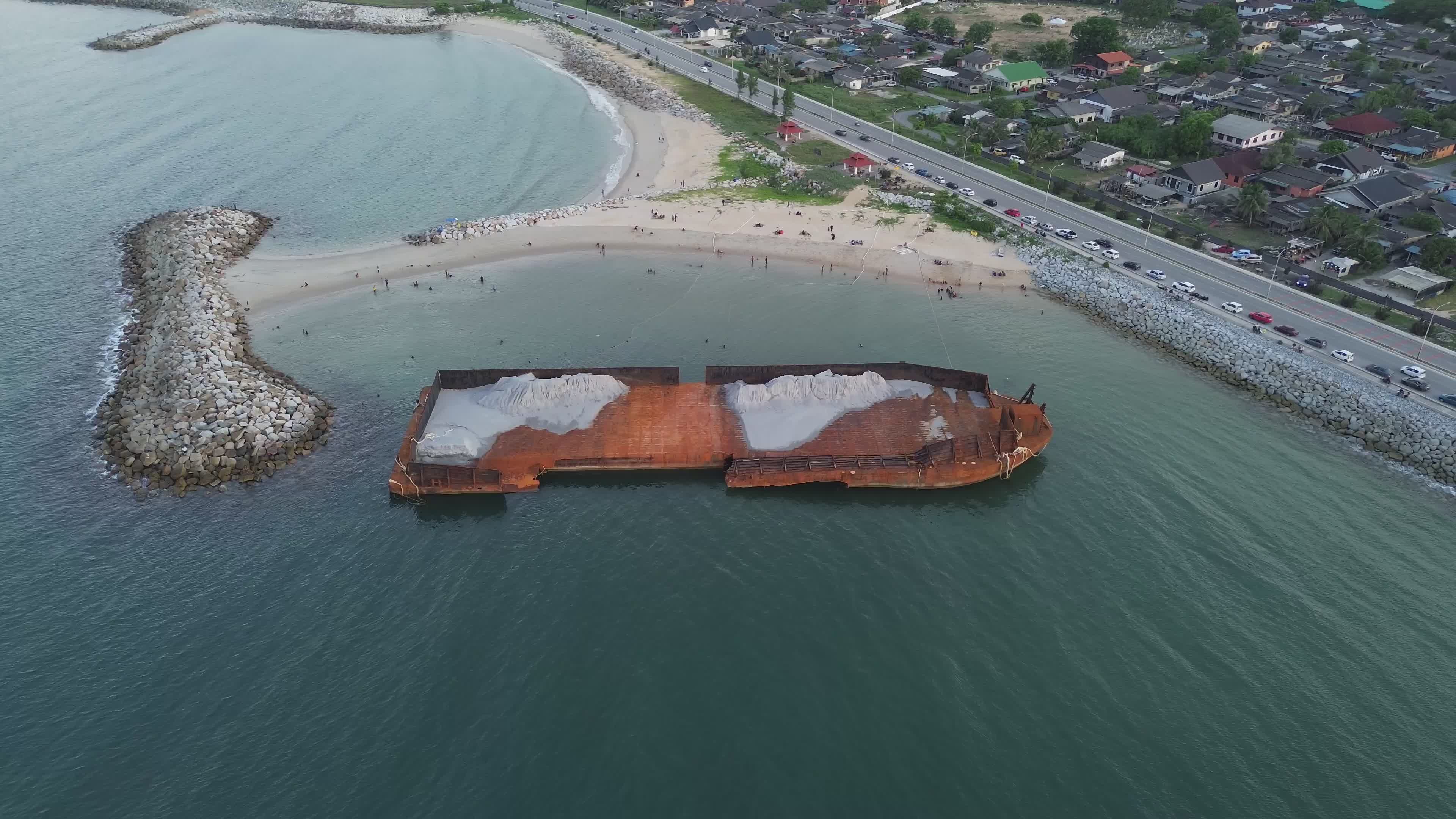 Aerial View of Rusty Shipwreck on Tropical Beach Free Stock Video ...