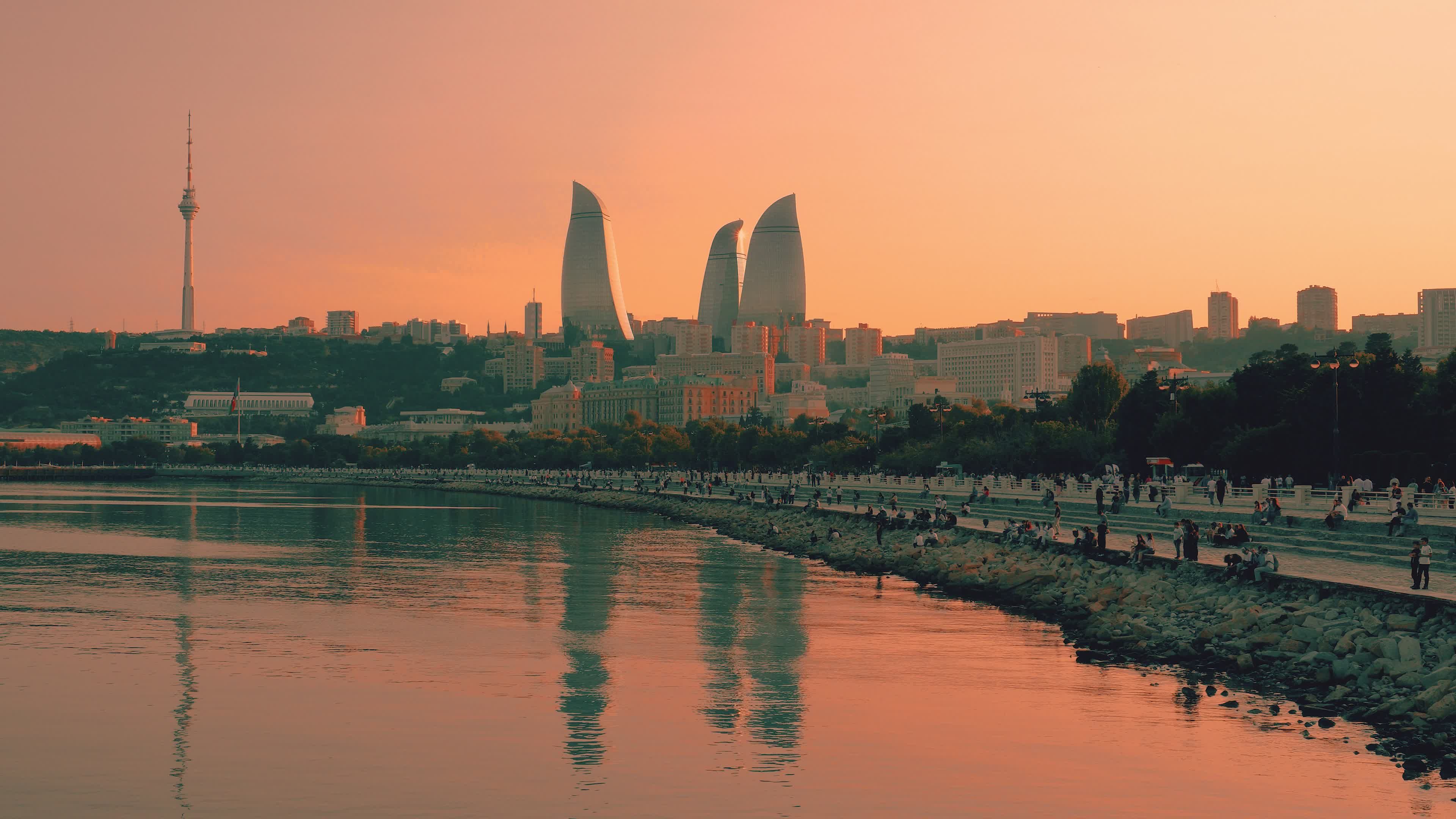 Baku's Skyline at Sunset Reflecting on the Caspian Free Stock Video ...