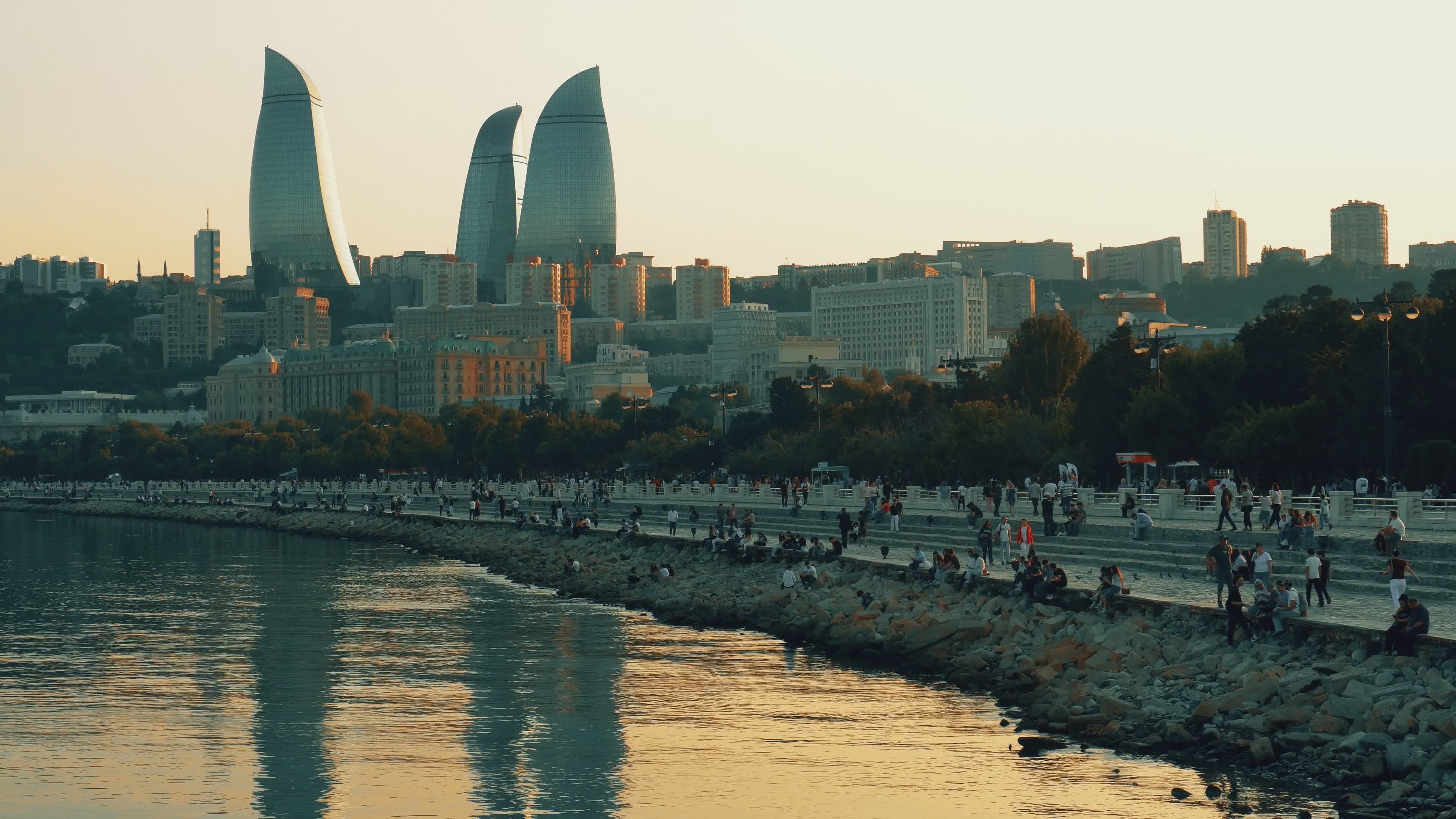 Baku Skyline at Sunset with Flame Towers Free Stock Video Footage ...