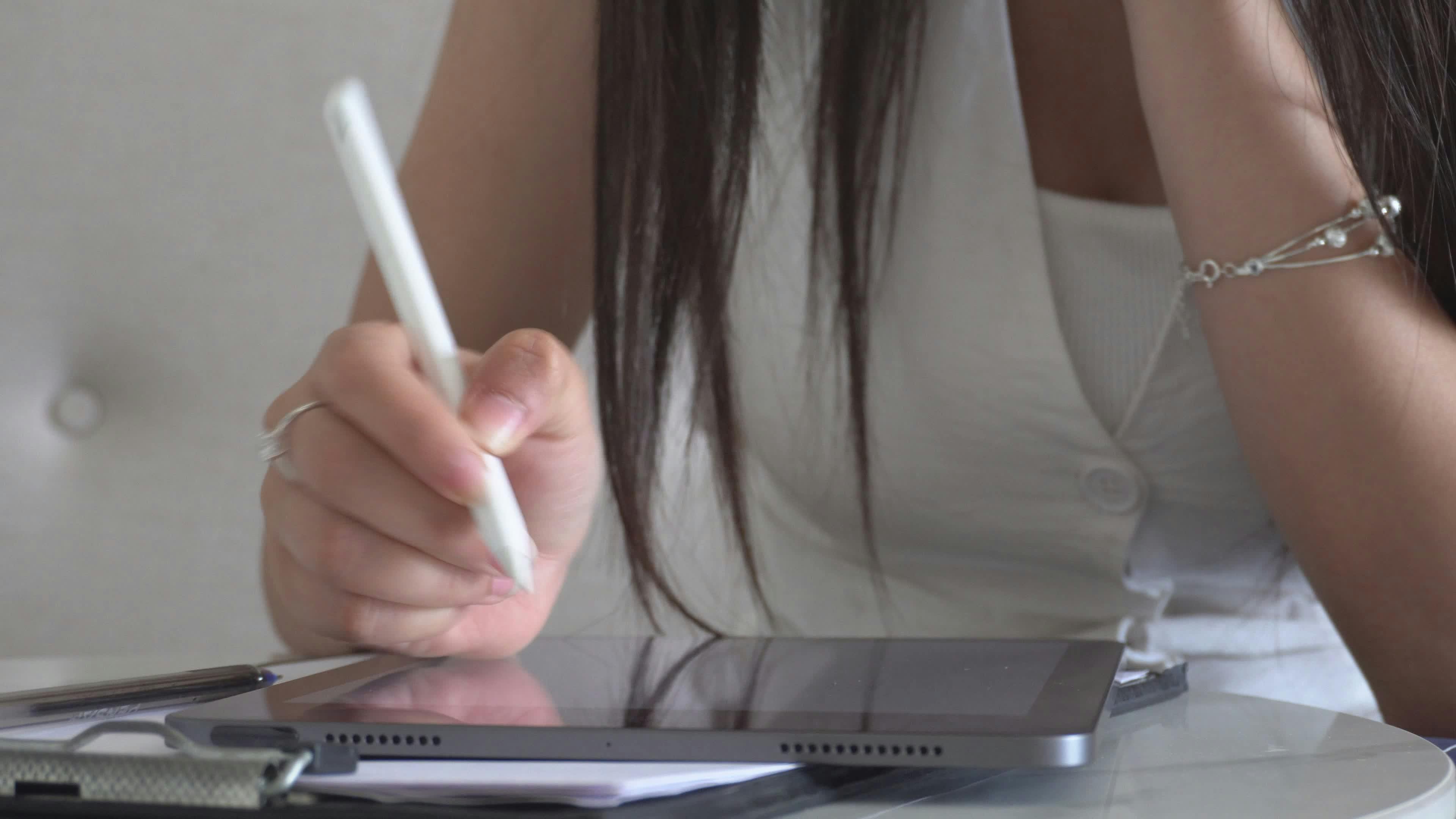 Woman Using Stylus on Digital Tablet Screen Free Stock Video Footage ...