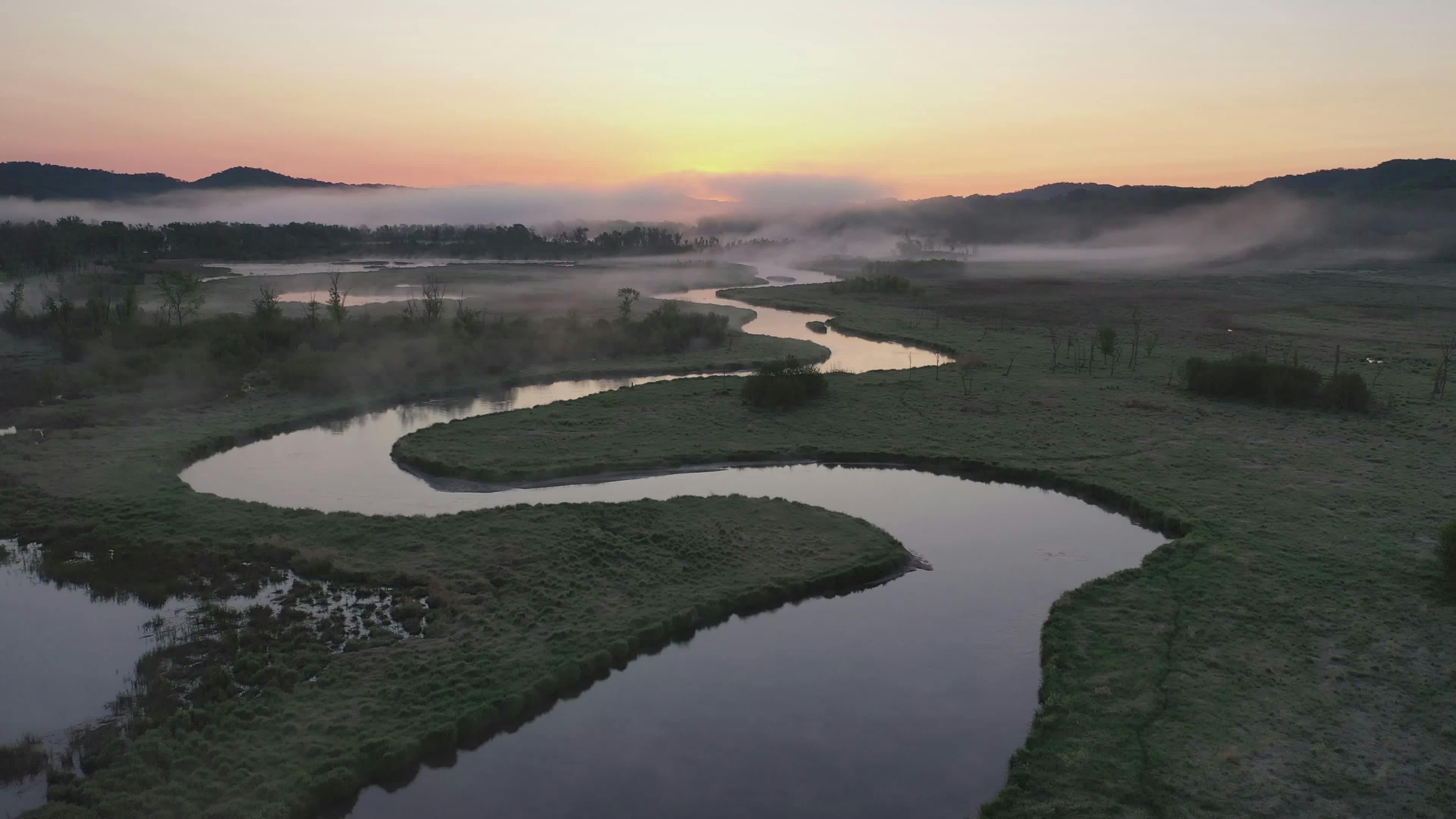 Serene River Meander at Dawn with Misty Landscape Free Stock Video ...