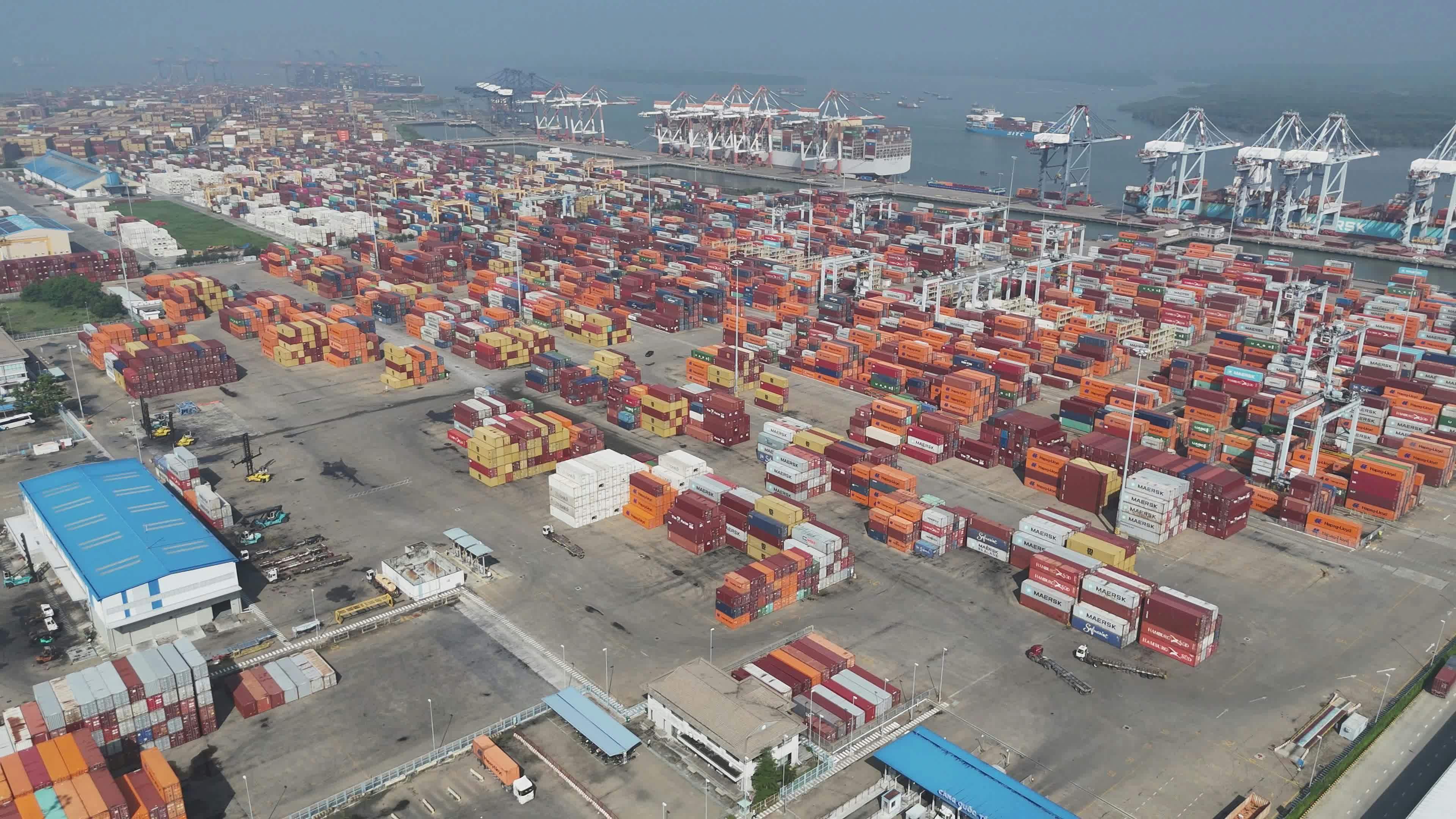 Aerial View of Busy Container Port Operations Free Stock Video Footage ...