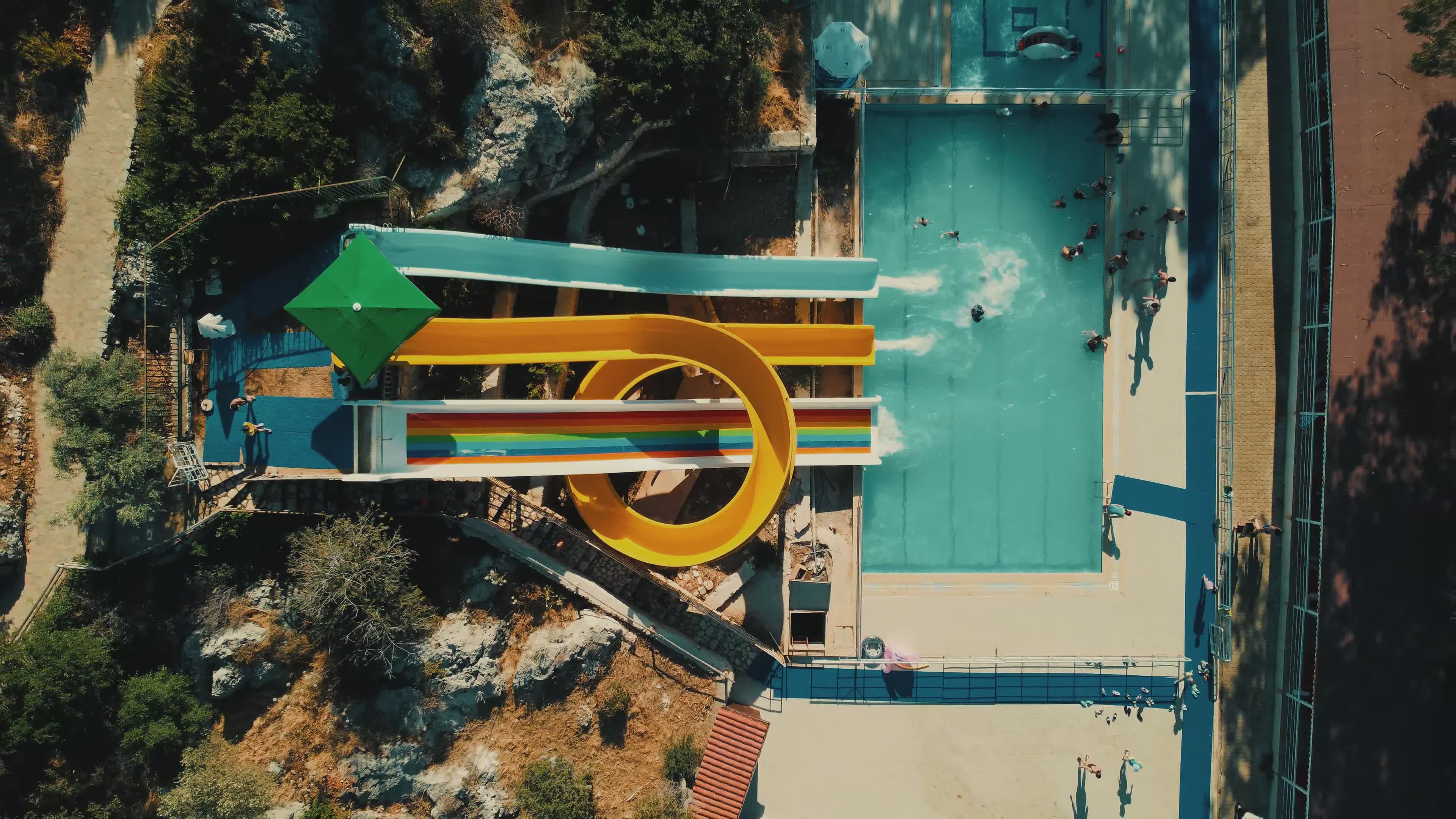 Aerial View of Colorful Waterpark Slide Free Stock Video Footage ...