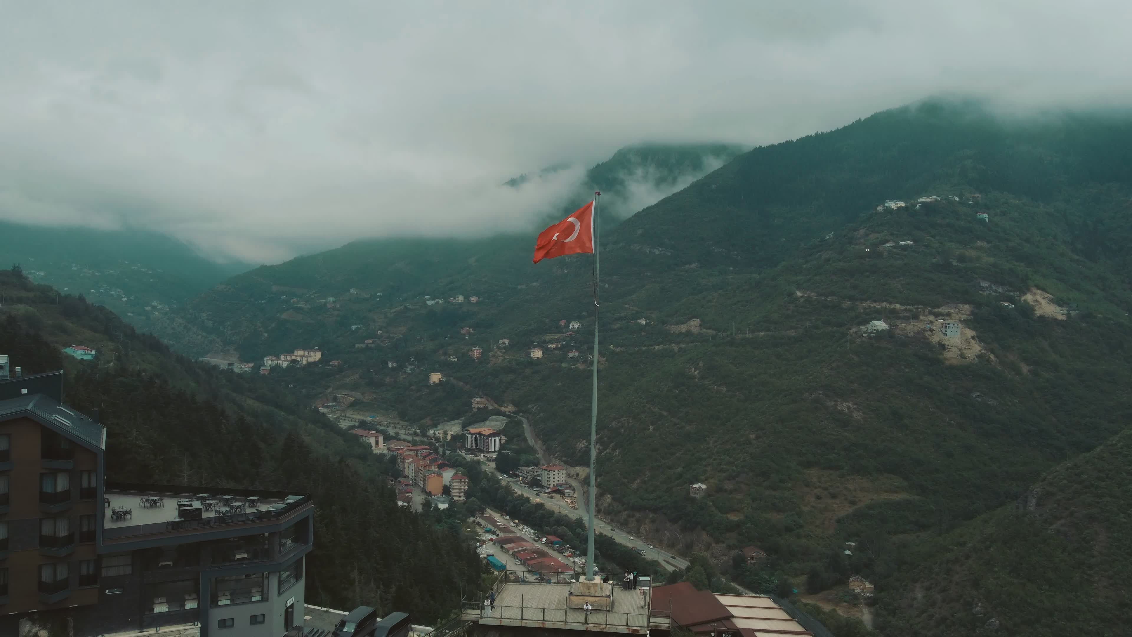 Aerial View of Turkish Flag in Misty Mountains Free Stock Video Footage ...