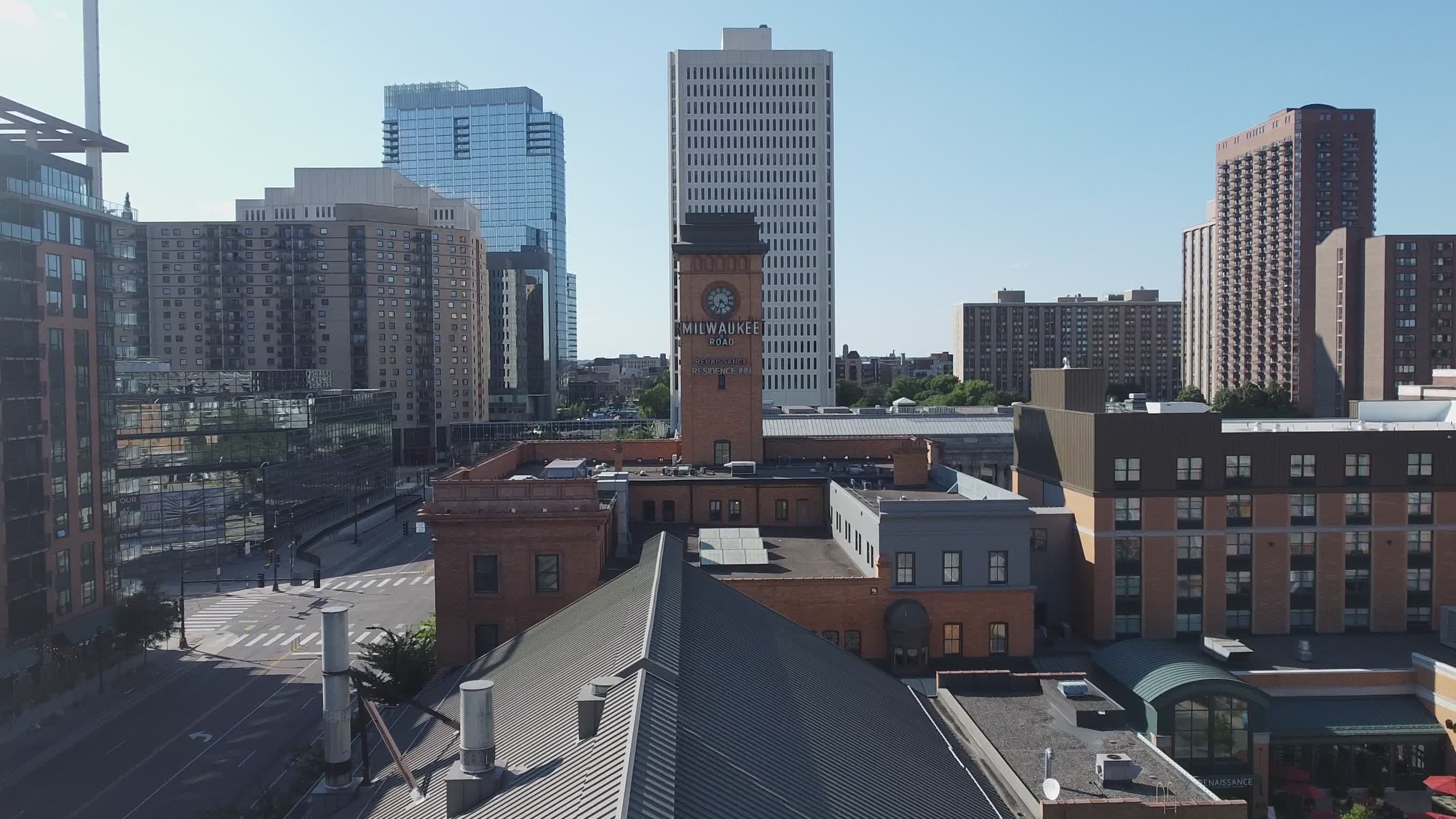 Milwaukee Road Hotel and Clock Tower Aerial View Free Stock Video ...