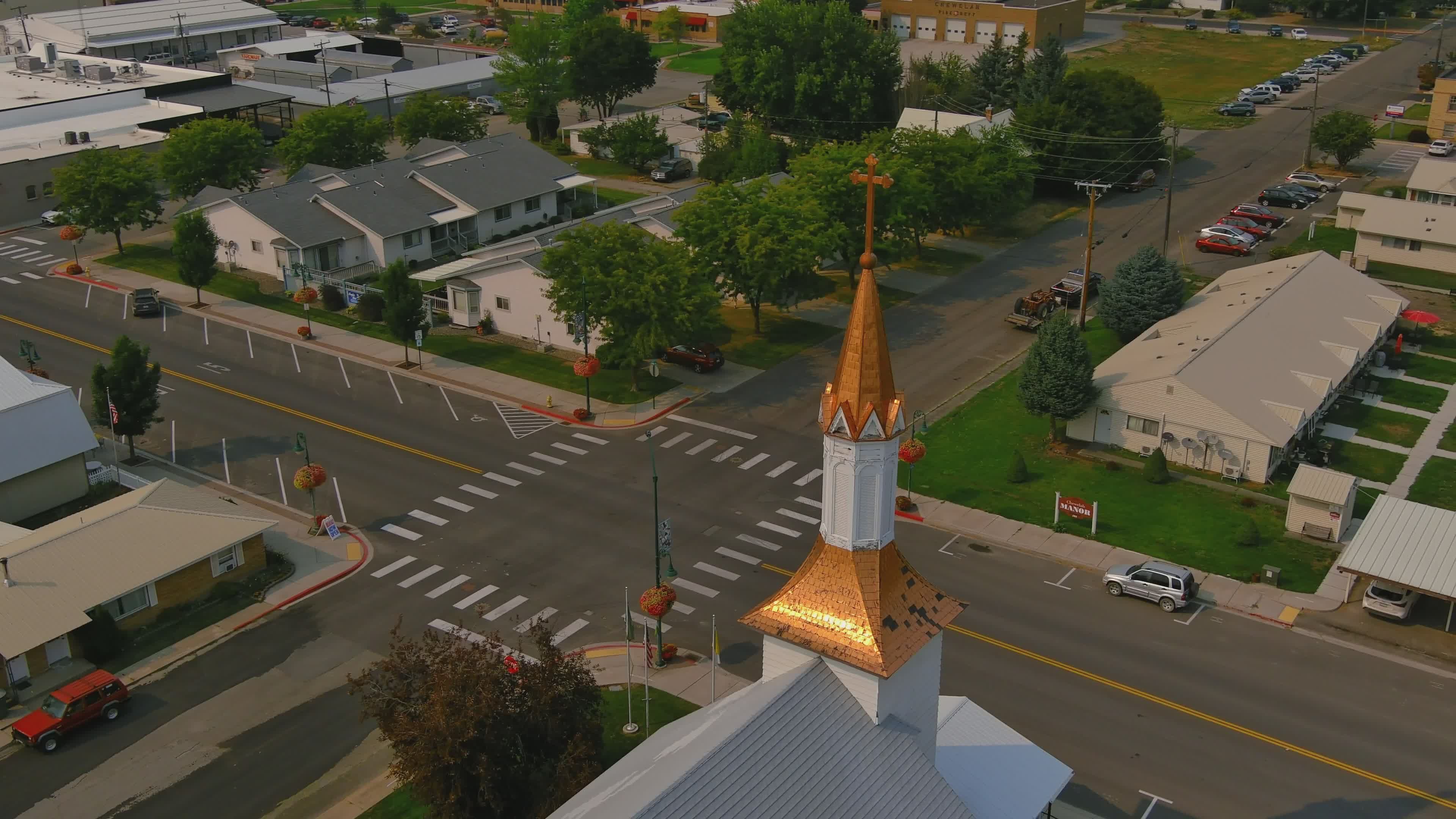 Aerial View of Small Town Intersection and Church Free Stock Video ...