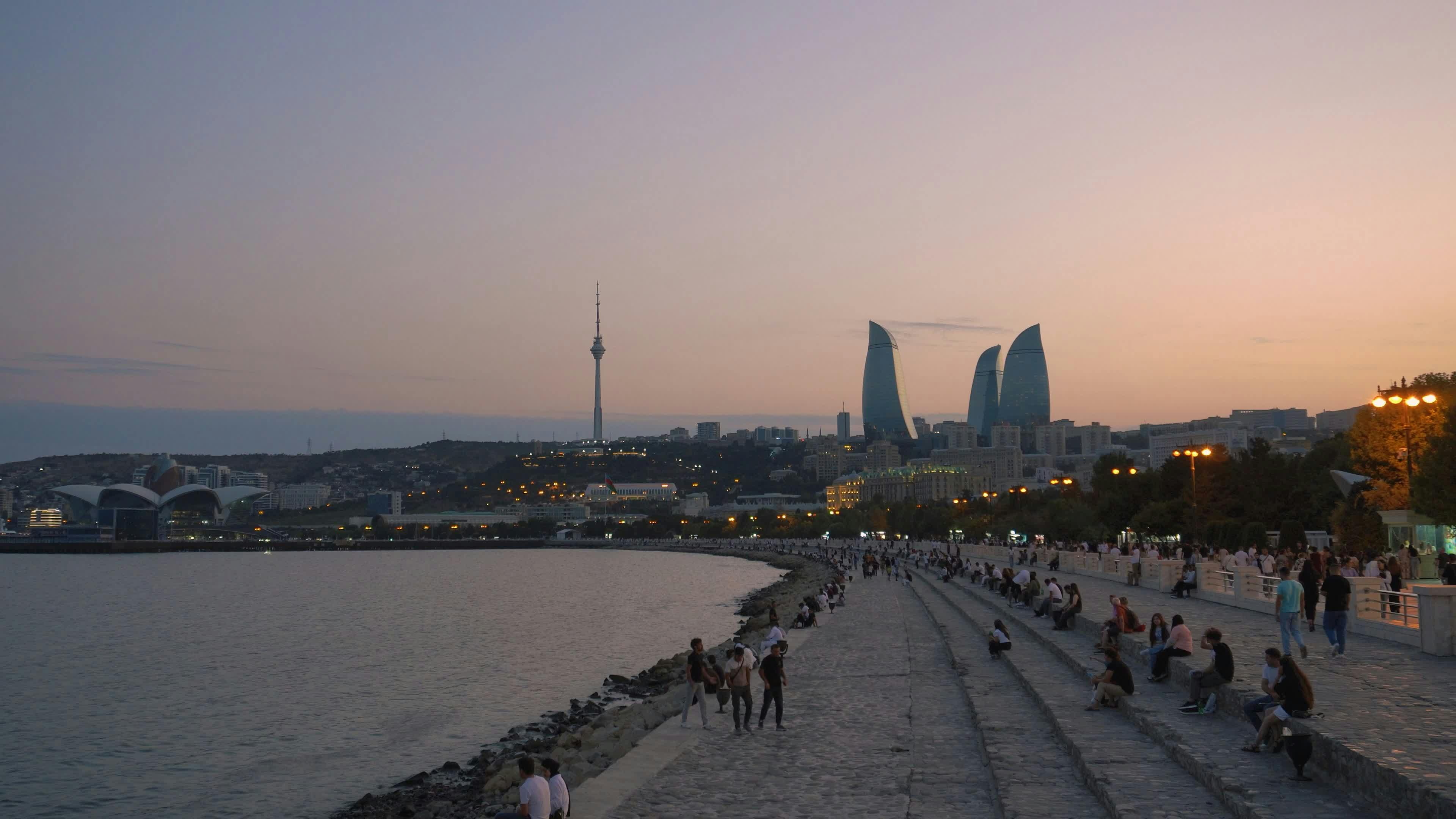 Baku Seaside Promenade with Flame Towers View Free Stock Video Footage ...