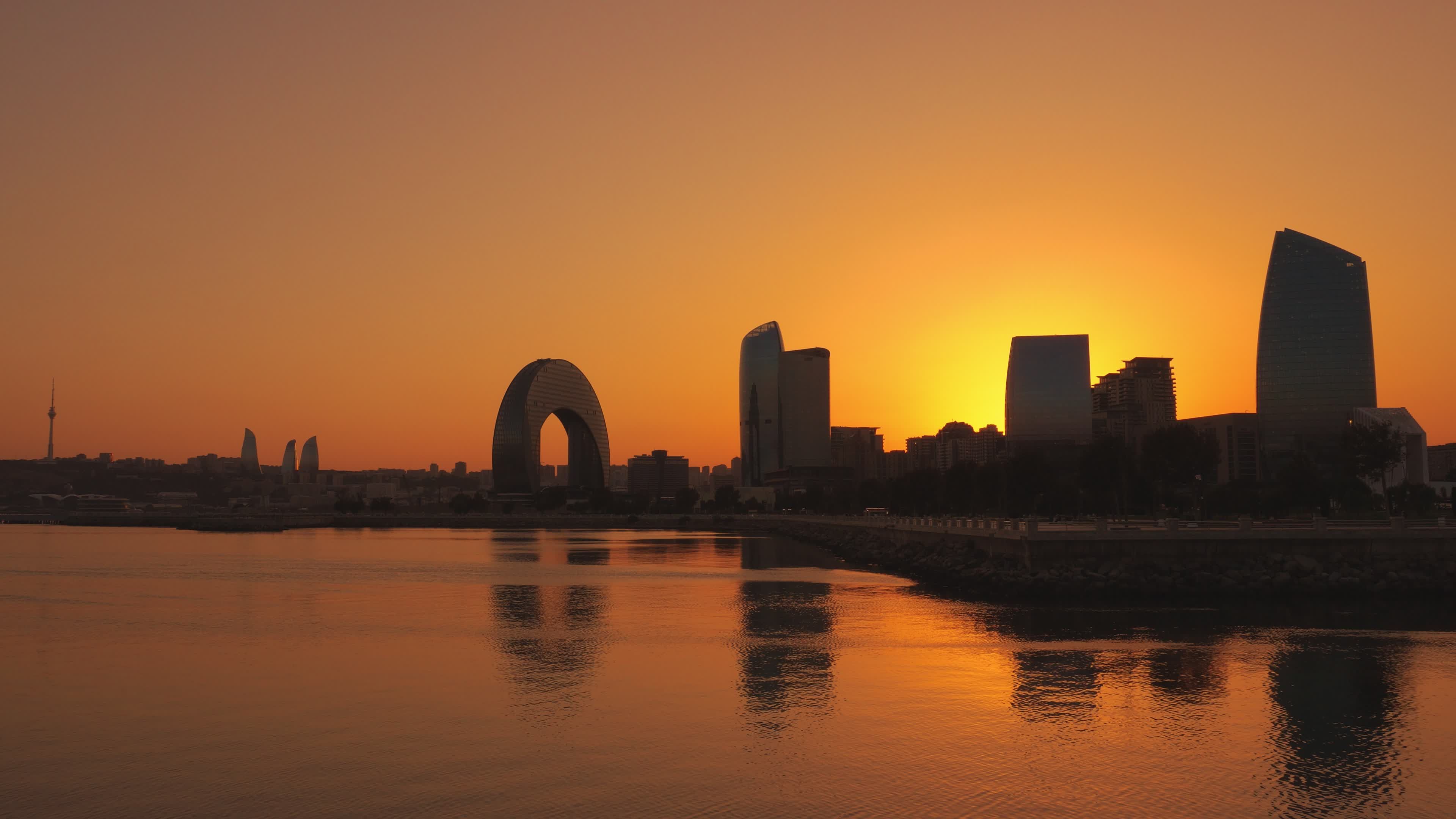 Sunset Over Baku Skyline with Flame Towers Free Stock Video Footage ...