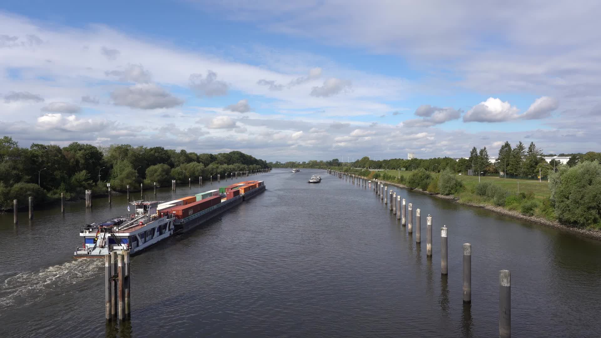 Cargo Ship Navigating Calm German River Free Stock Video Footage ...