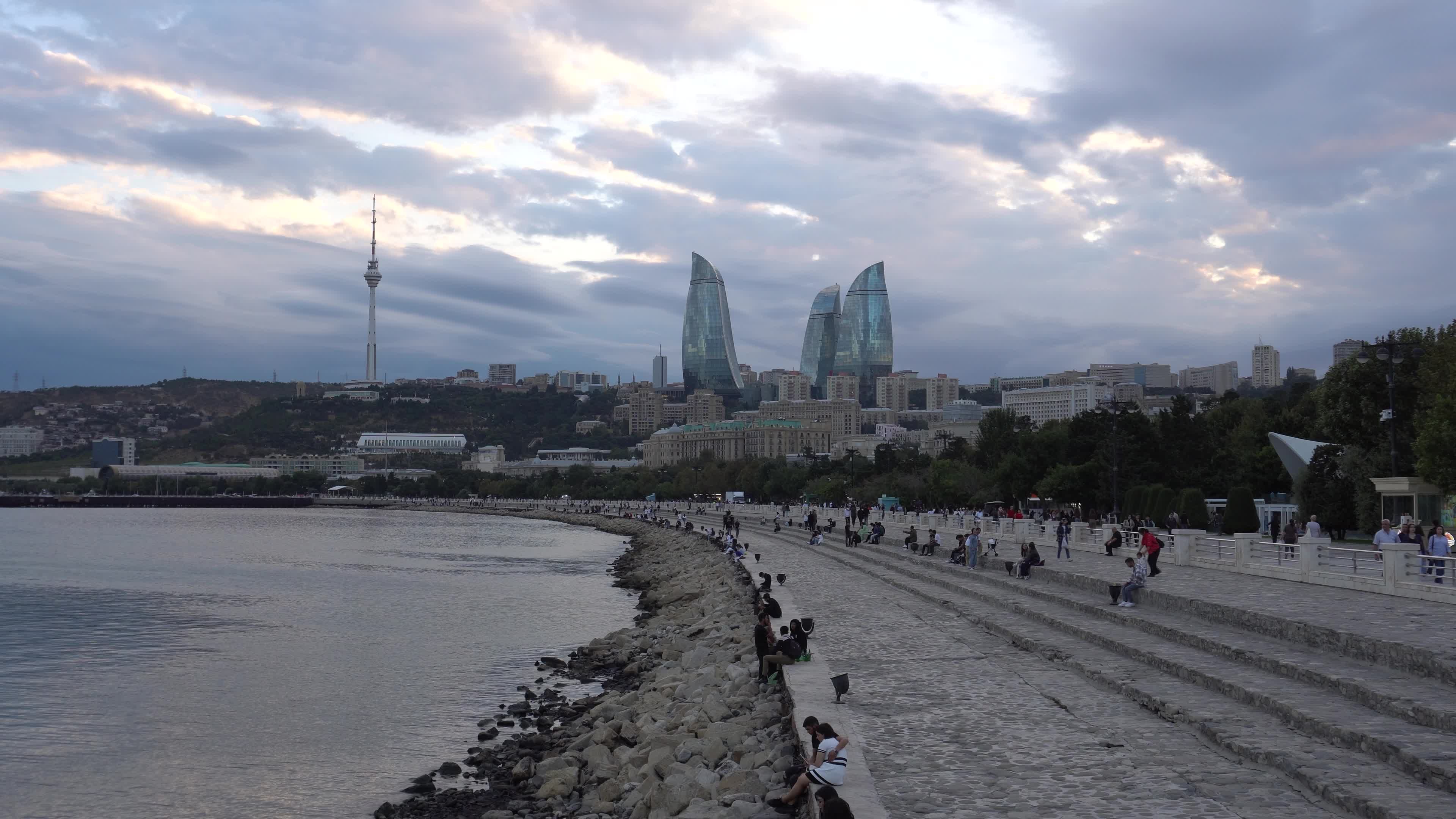 Baku Seaside Promenade with Flame Towers View Free Stock Video Footage ...