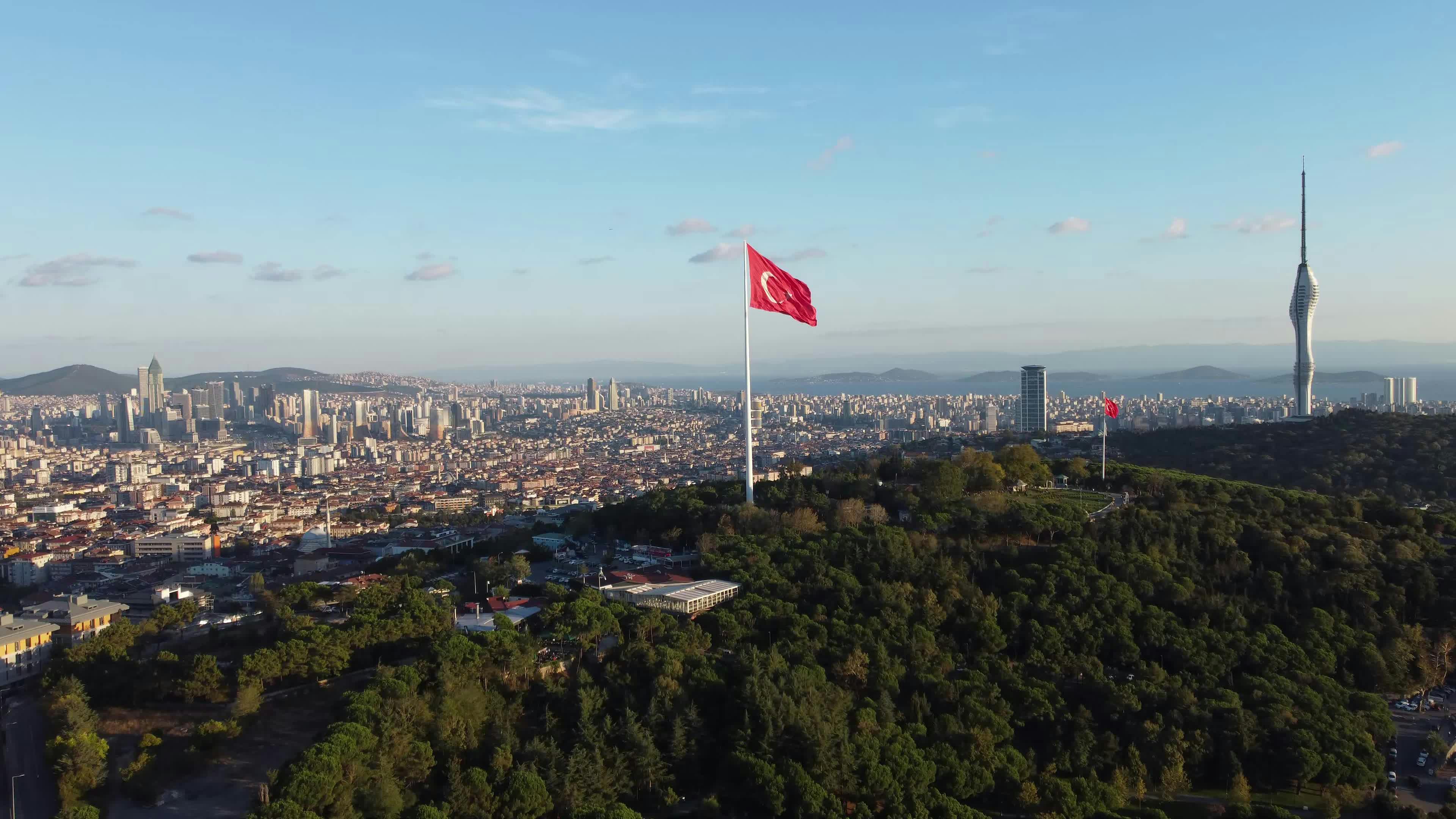 Stunning Aerial View Over Istanbul with Turkish Flag Free Stock Video ...