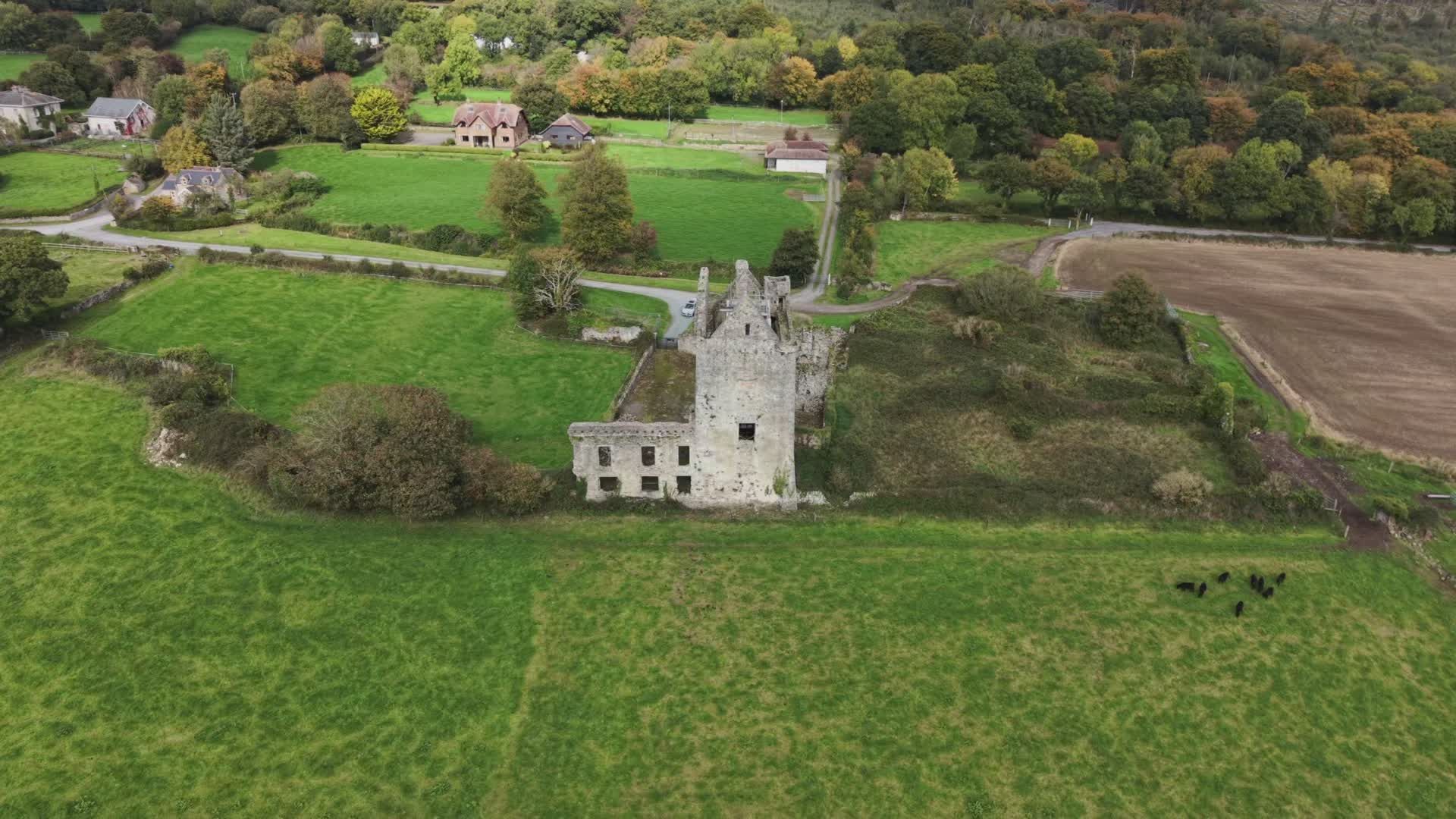 Aerial View of Historic Ruins in Lush Green Fields Free Stock Video ...