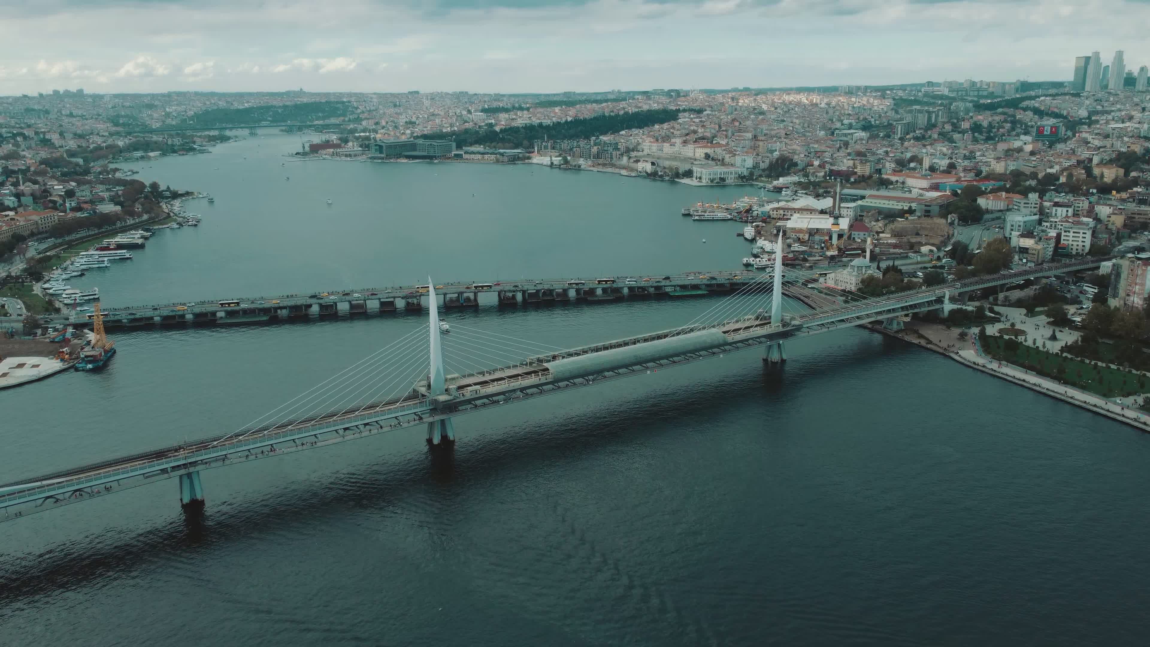 Aerial View of Istanbul's Halic Bridge and Estuary Free Stock Video ...