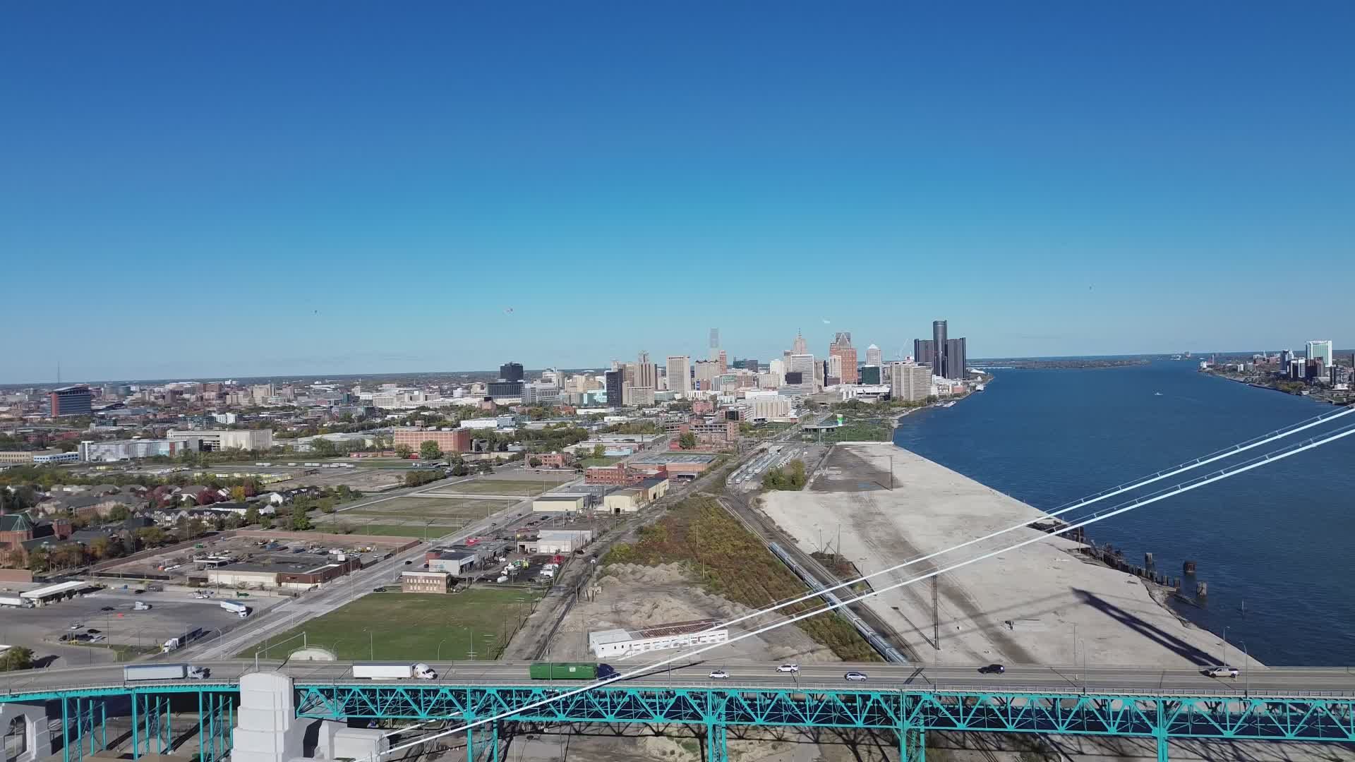 Aerial View of Detroit Skyline and River Free Stock Video Footage ...