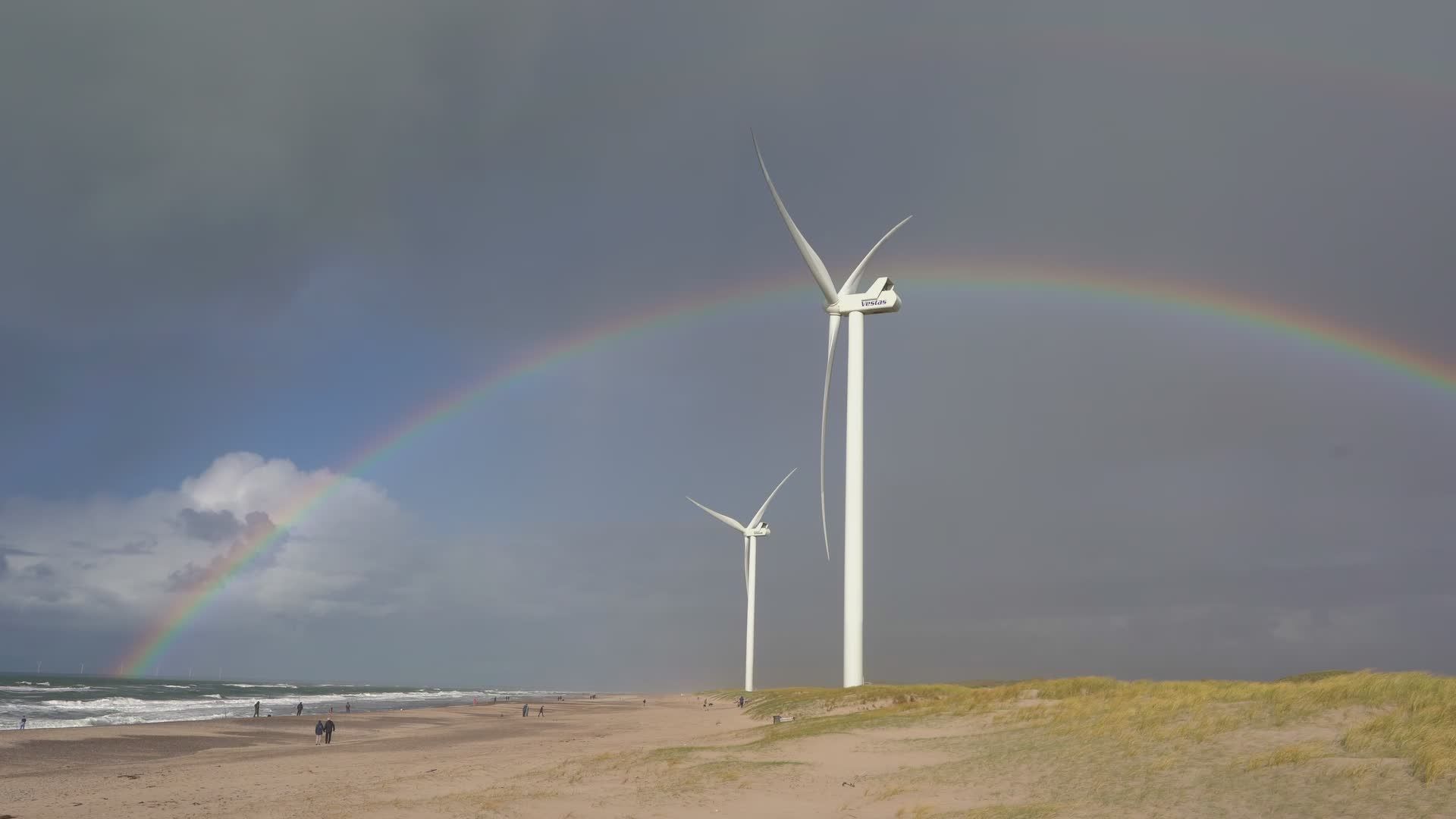 Wind Turbines on Coastal Beach Under Rainbow Free Stock Video Footage ...
