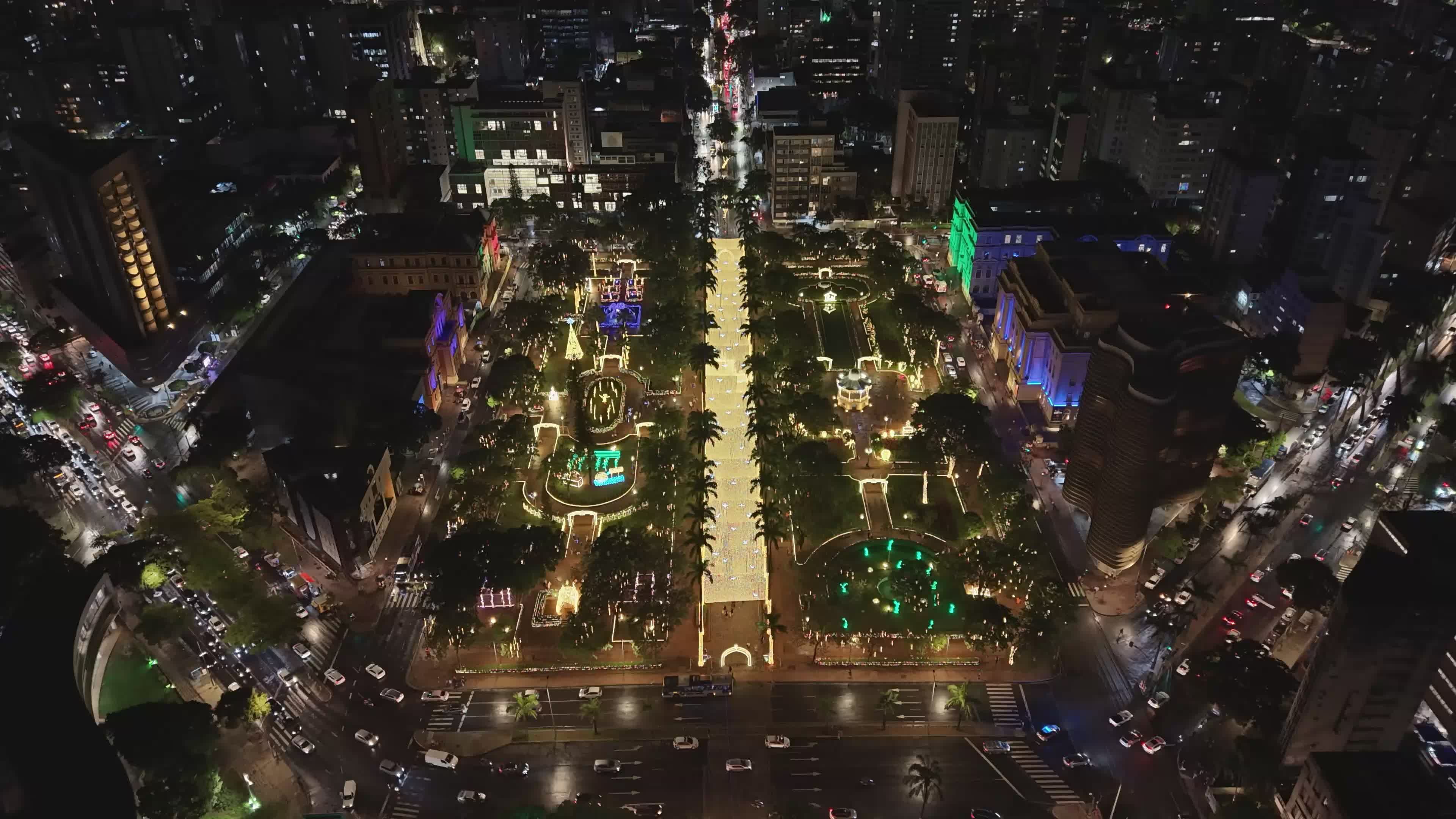 Aerial Night View of City Square Illuminated Free Stock Video Footage ...